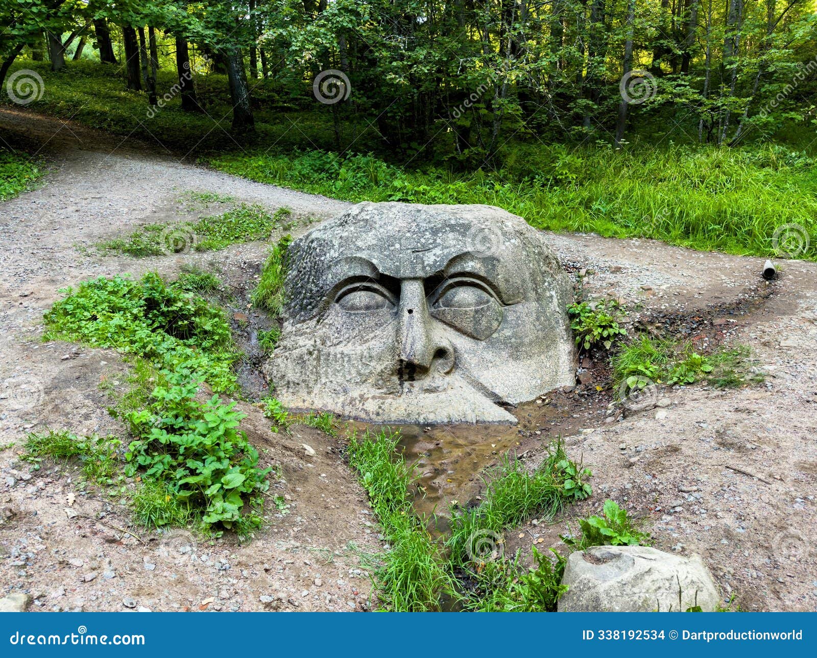 Stone Sculpture of a Face Emerging from the Ground in a Forest Path ...