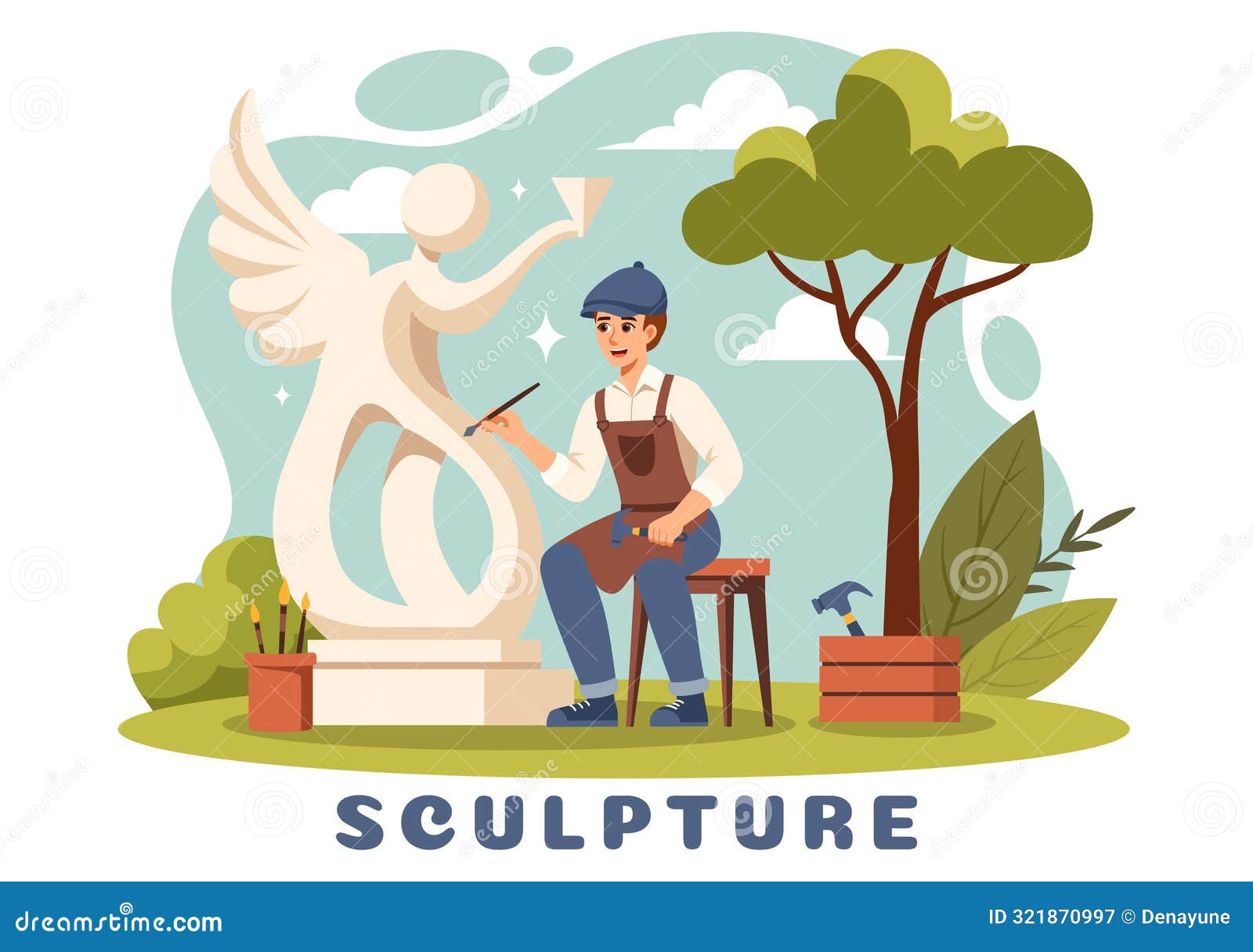 Stone Sculpture Vector Illustration Featuring A Craftsman Carving A ...