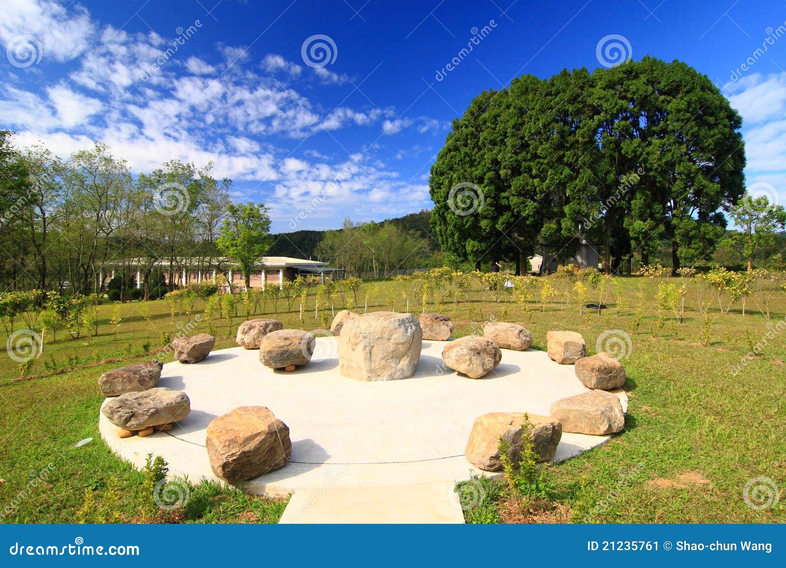 Stone seats with trees stock image. Image of green, landscape - 21235761