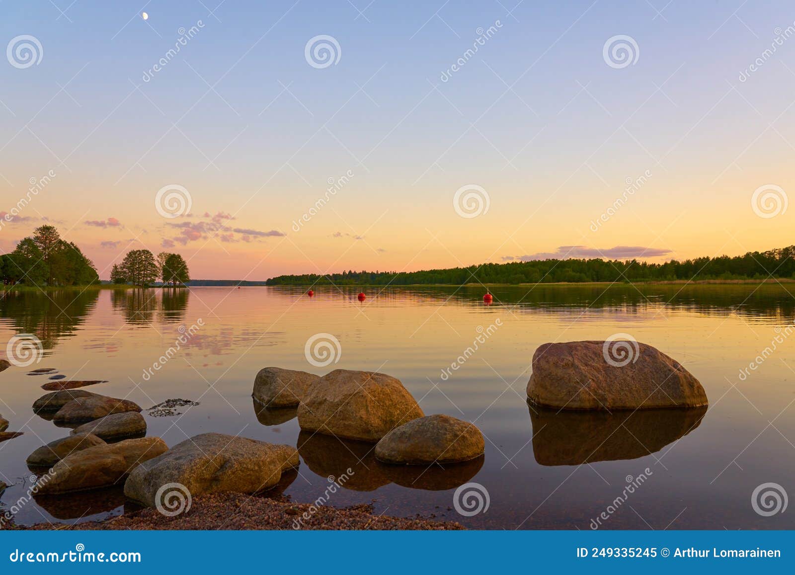 The Stone Shore of the Lake at Sunset. Stock Image - Image of stone ...