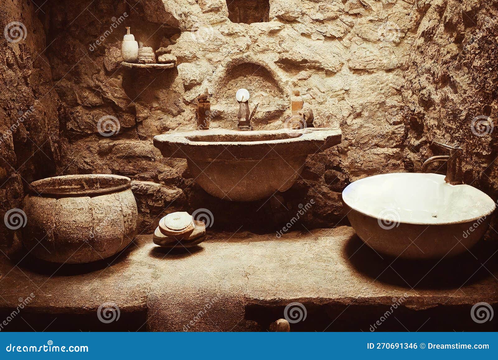 Stone Sink in Dark Ancient Bathroom Interior Digital Illustration ...