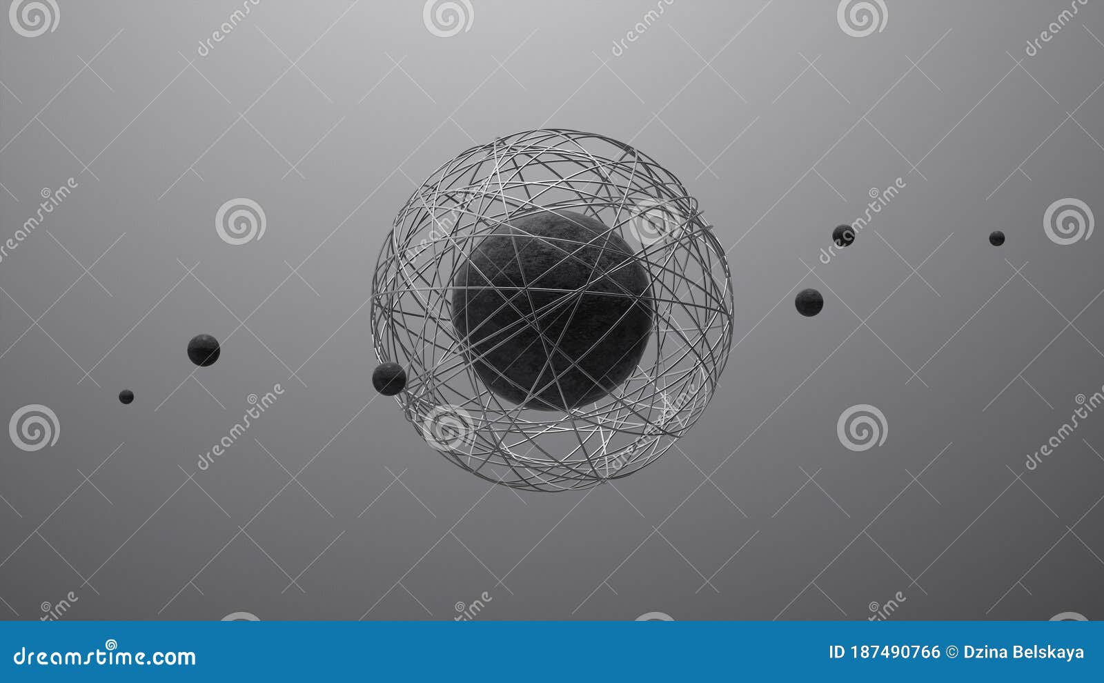 Stone Spheres and Metallic Rings. Black Balls Flying. Abstract ...