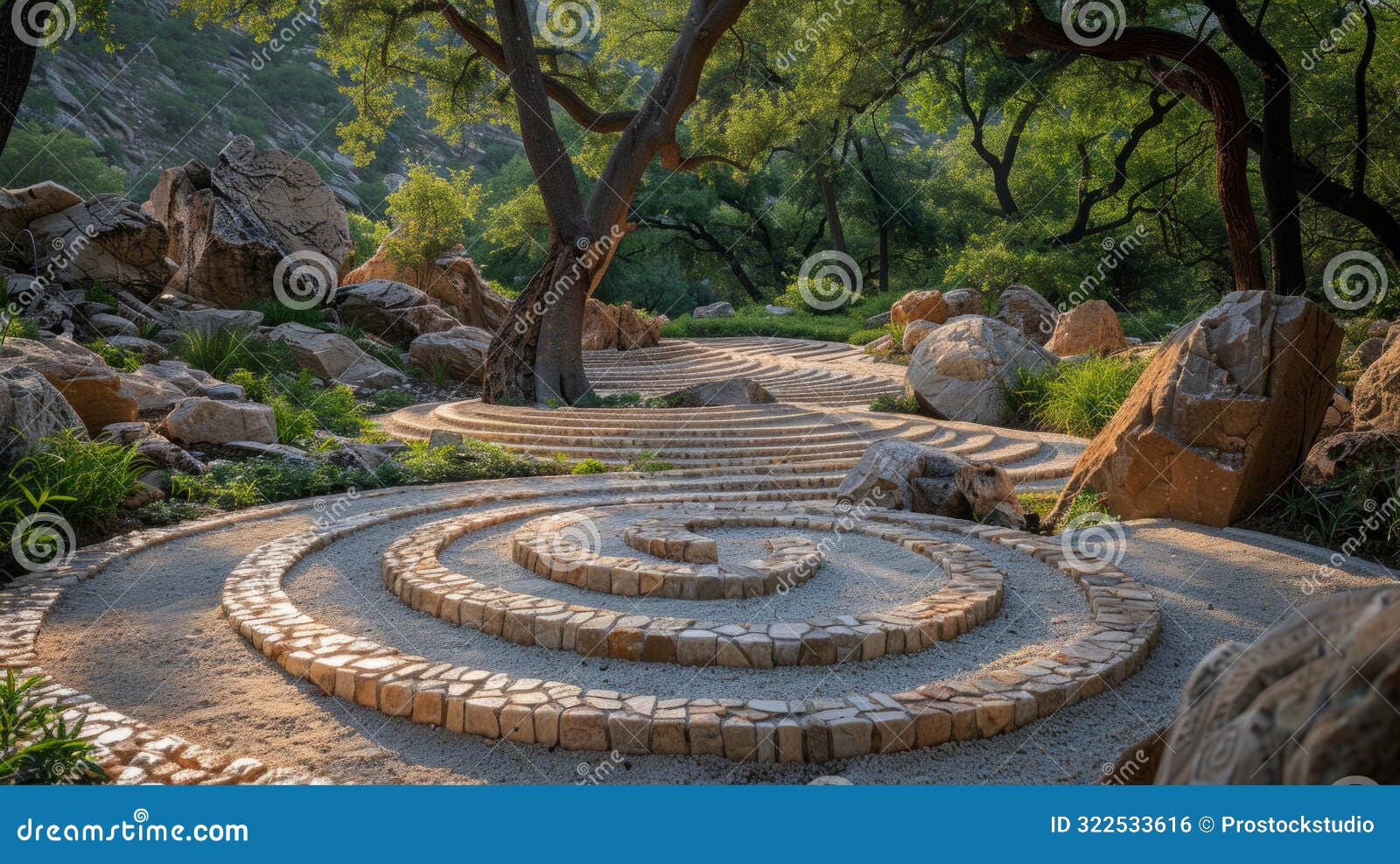 Stone Spiral Path through a Tranquil Forest Garden Stock Photo - Image ...