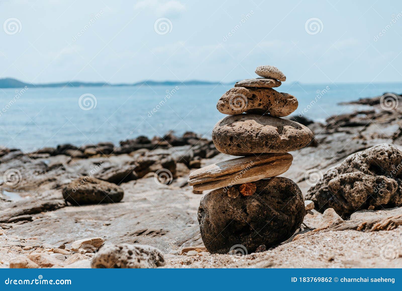 Stone stack on the beach stock photo. Image of harmony - 183769862