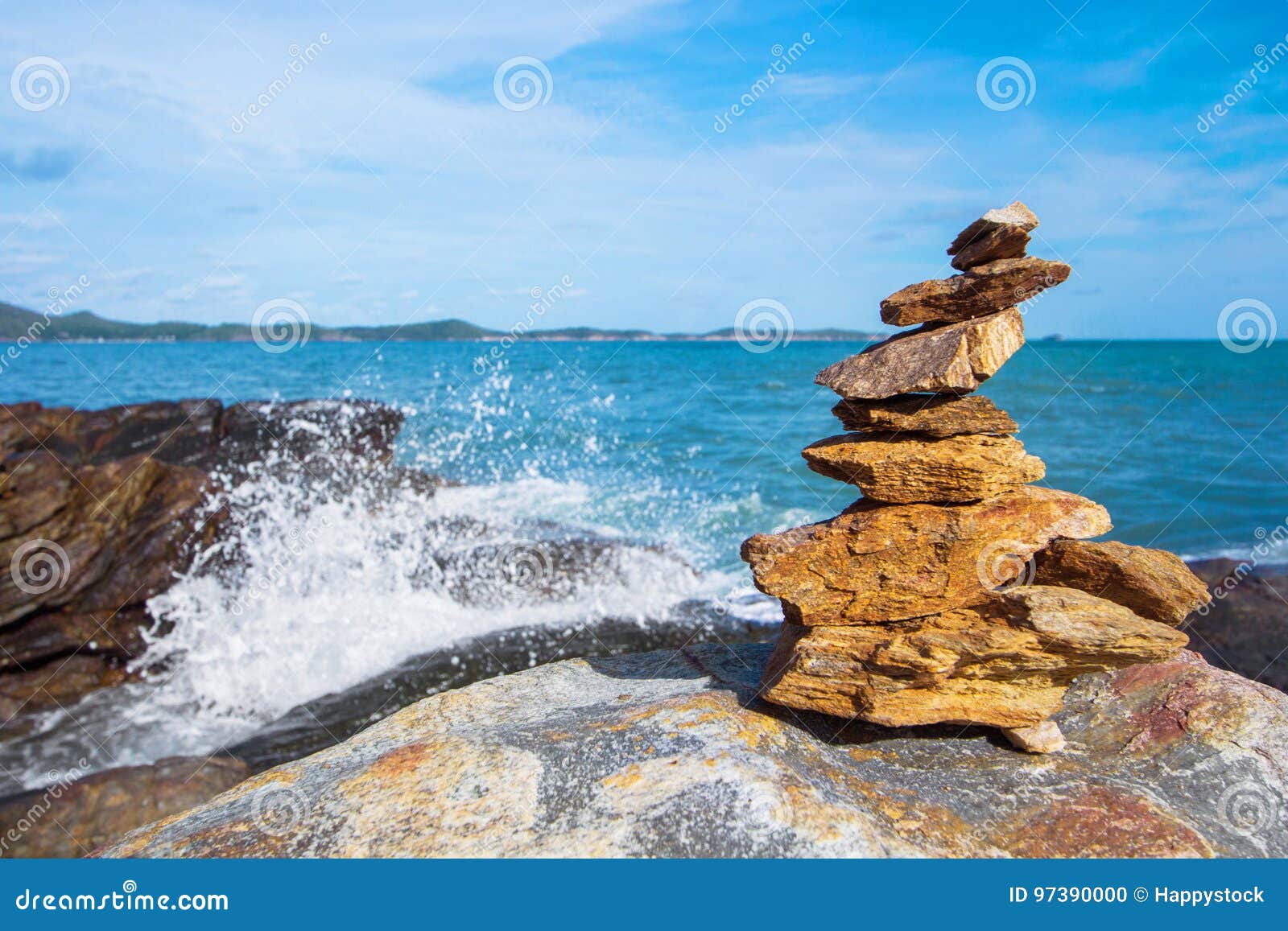 Stone Stack Stable and Wave Splash on Background Stock Photo - Image of ...