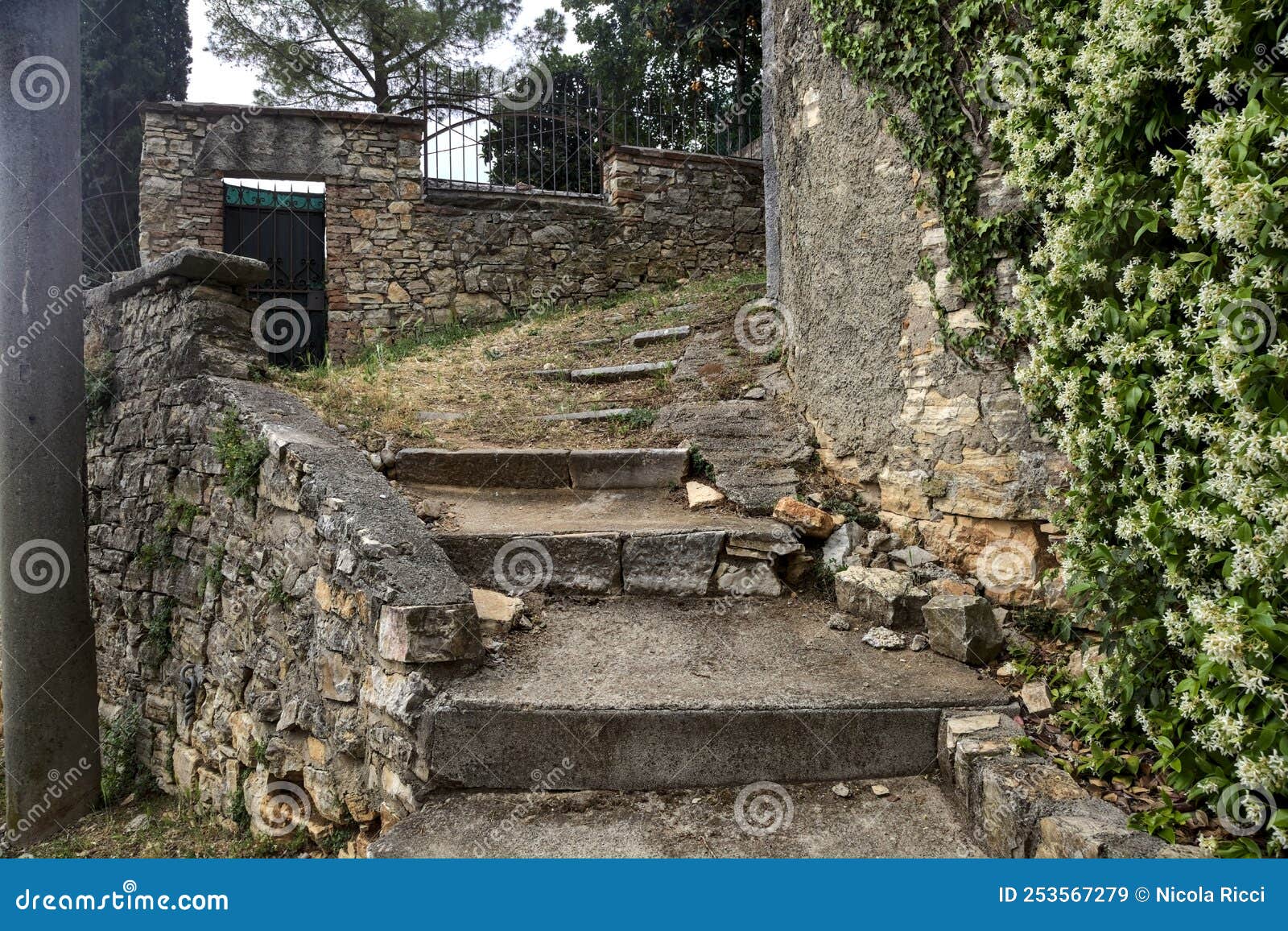 Stone Staircase on a Path with a Closed Gate in a Stone Wall Stock ...