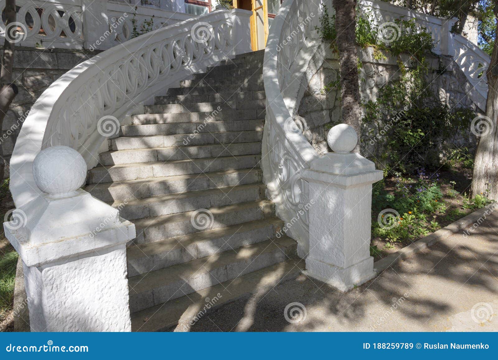 Stone Staircase with White Balusters Decorated with Balls Stock Image ...