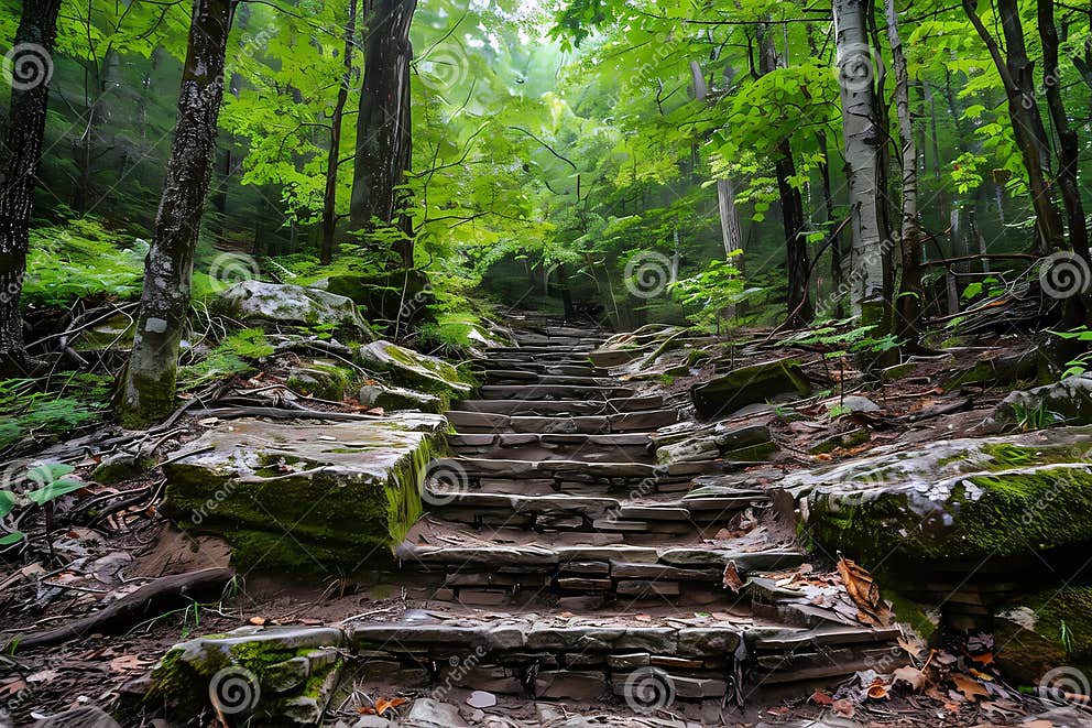 Stone Stairs in the Forest, Mossy Steps, Green Leaves on Trees, Down the Forest Path. Ai ...