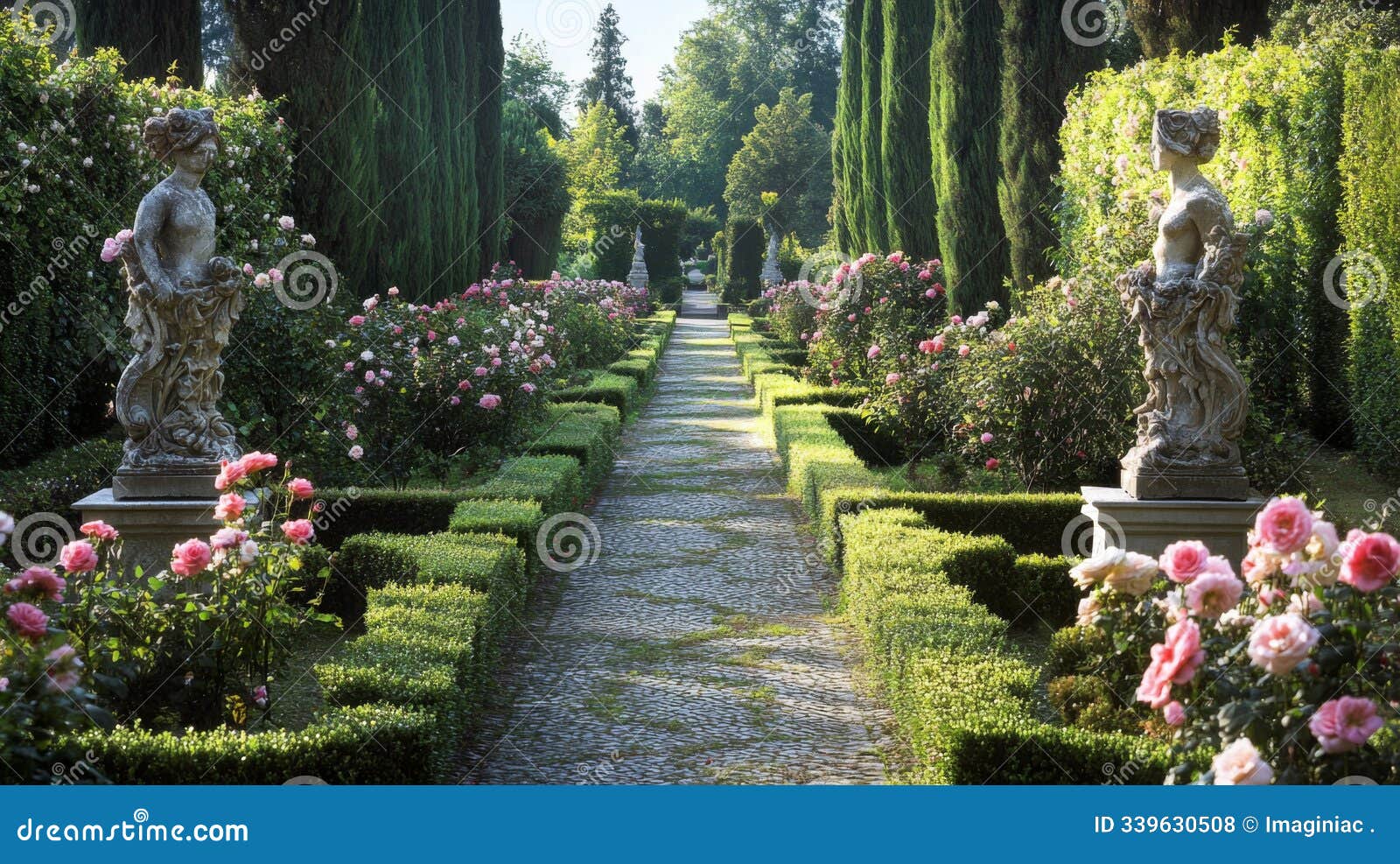 Stone Statues Flanking a Cobblestone Pathway through a Rose Garden ...