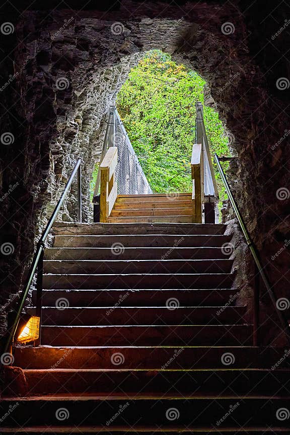 Stone Steps in Dark Cave Tunnel Leading To Exit with Green Forest Stock ...