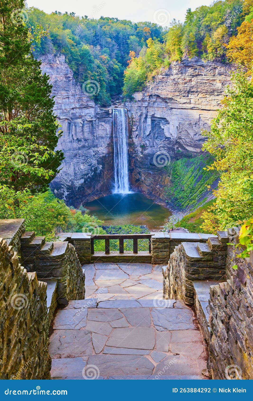 Stone Steps Lead To Overlook of Huge Waterfall into Canyon Surrounded ...