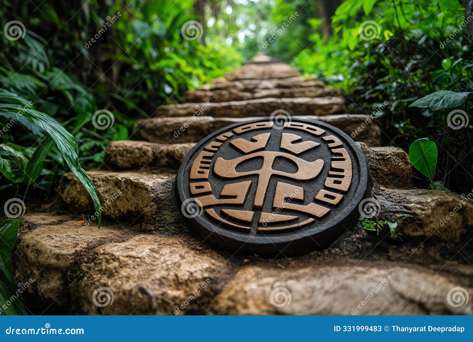 Stone Steps Leading Up through Lush Greenery with a Circular, Carved ...