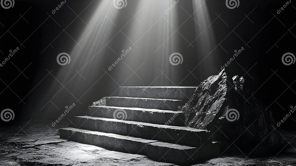 Stone Steps with a Rock and Light Beams 3D Render Stock Illustration ...