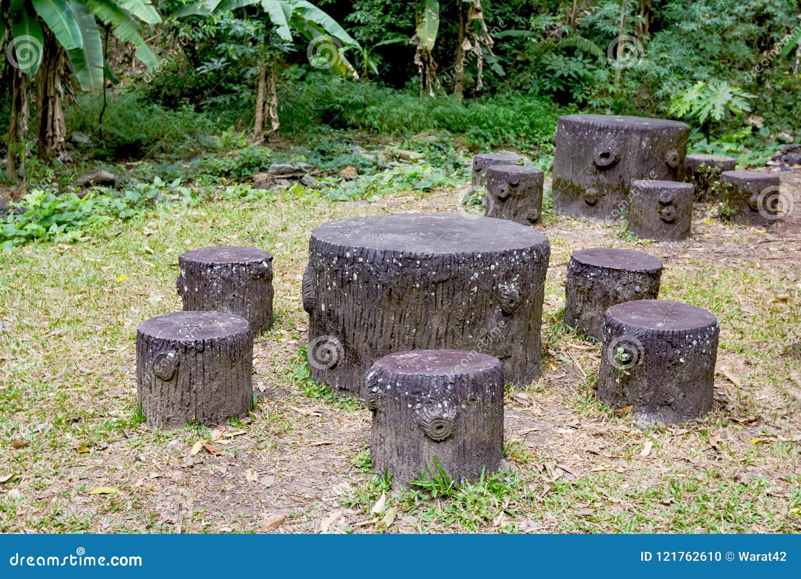 Stone table set in forest stock photo. Image of forest - 121762610