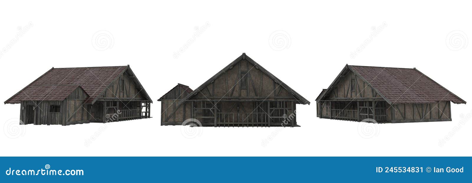 Stone and Timber Framed Medieval House. 3D Illustration with 3 Views ...