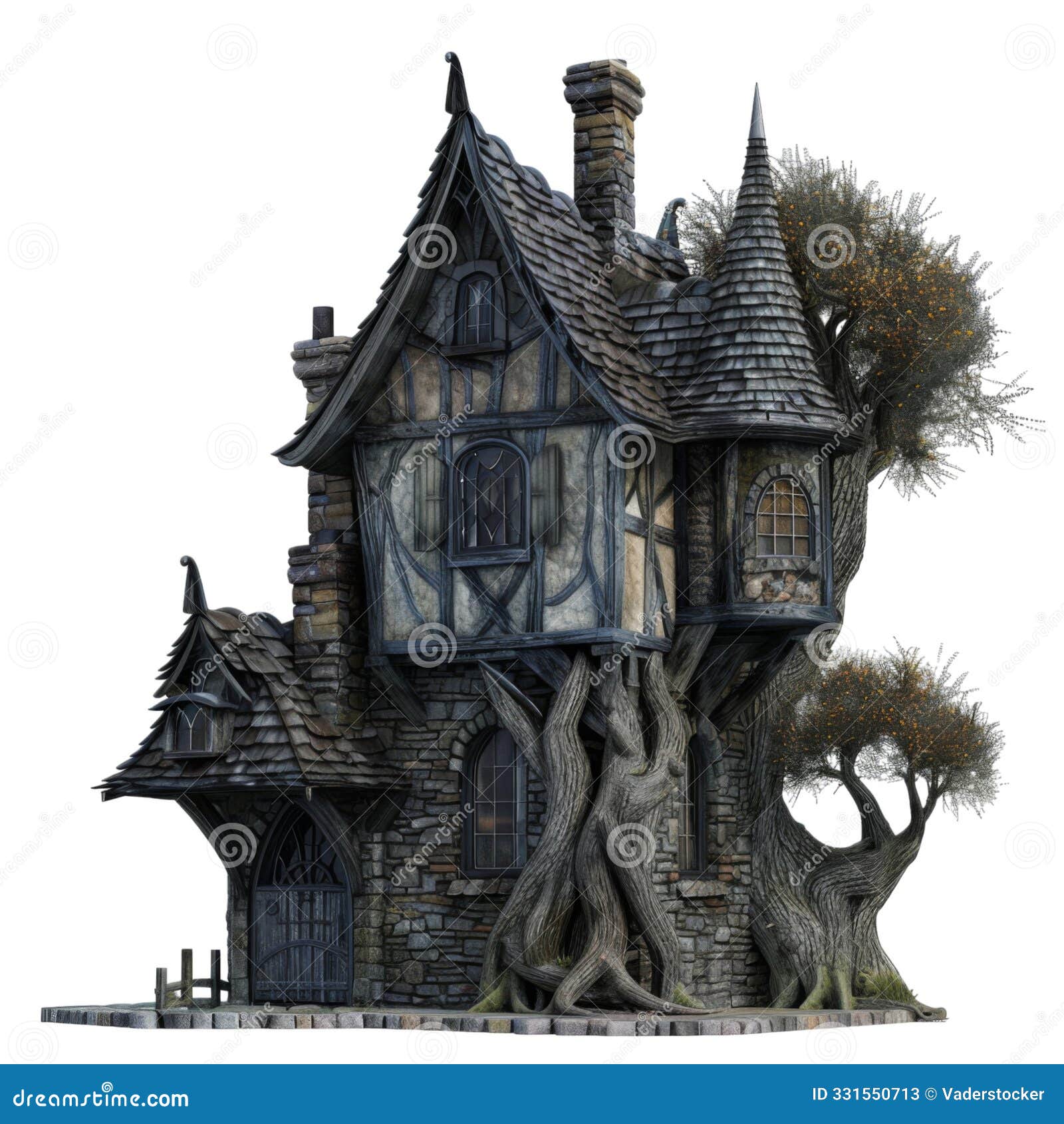 Stone And Timber Framed Medieval House. 3D Illustration With 3 Views ...