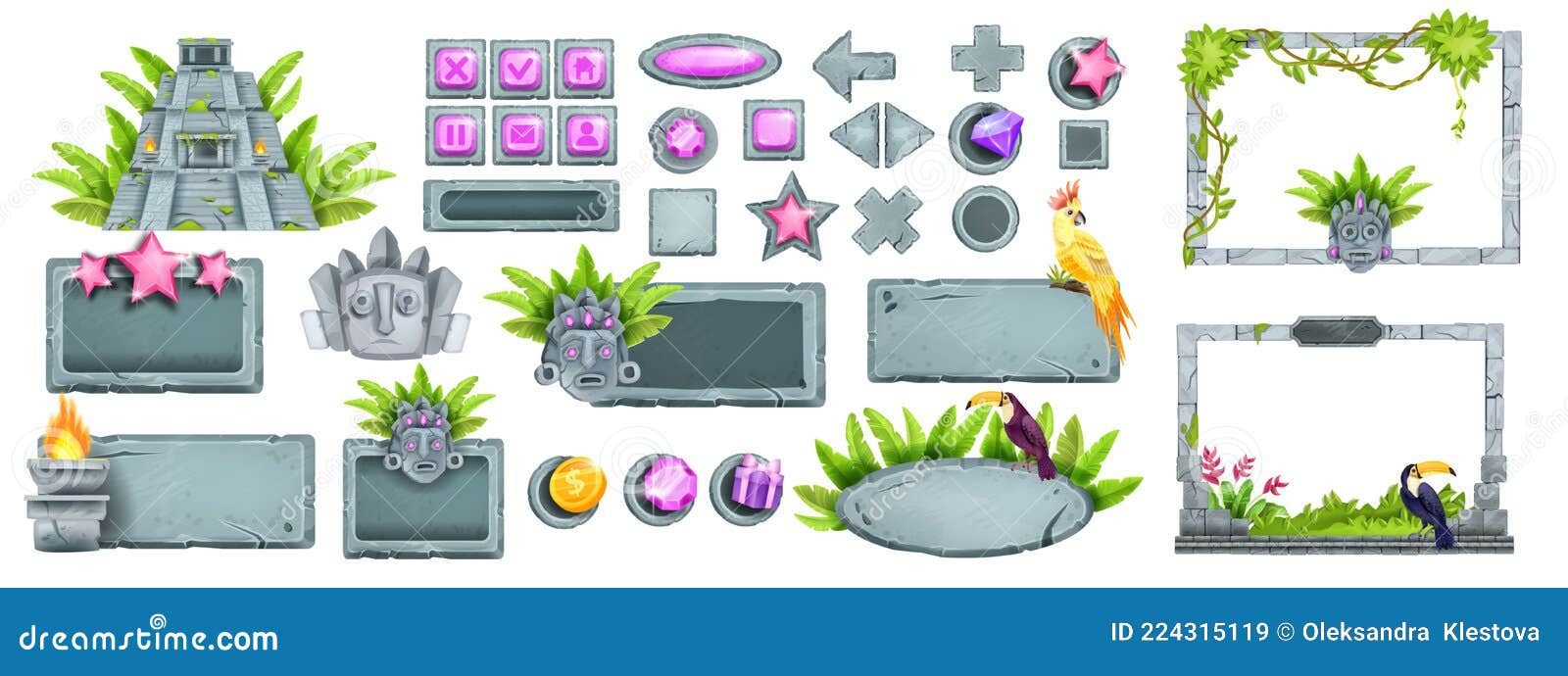Stone UI Game Button Set, Rock Maya Jungle Menu Panel Frame Kit, Aztec ...