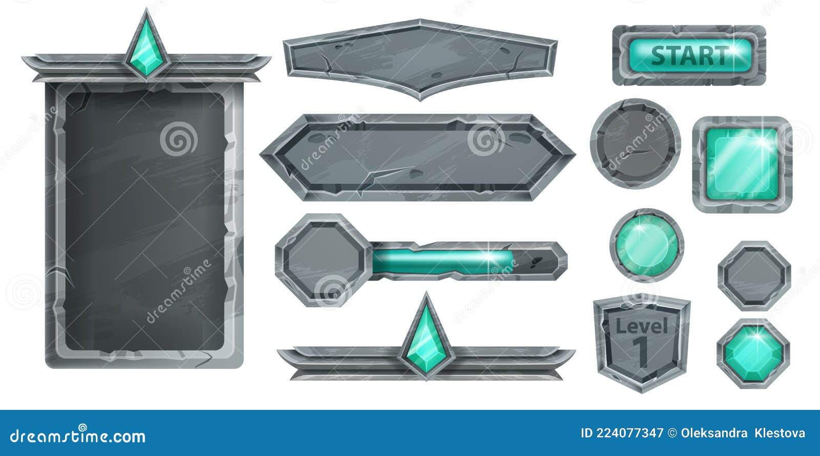 Stone UI Game Vector Kit, Medieval Rock Signboard, Menu Frame, Gemstone ...