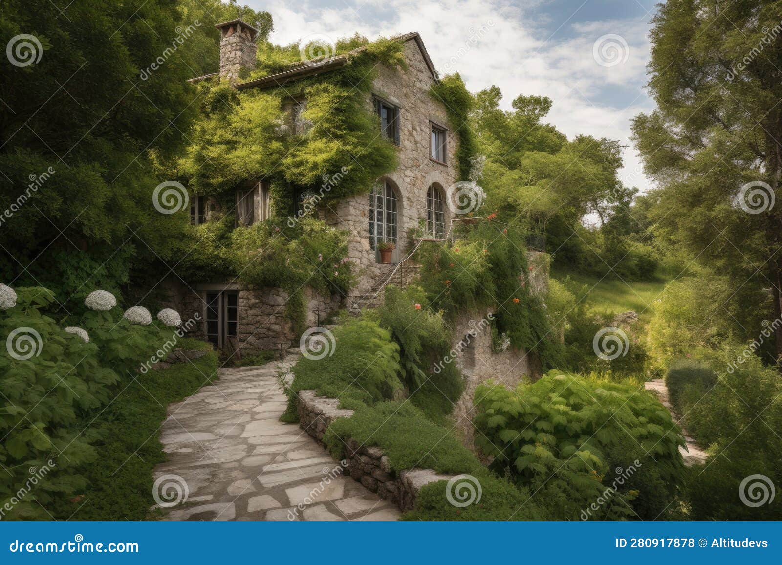 A Stone Villa with a Winding Path and Lush Greenery Stock Illustration ...