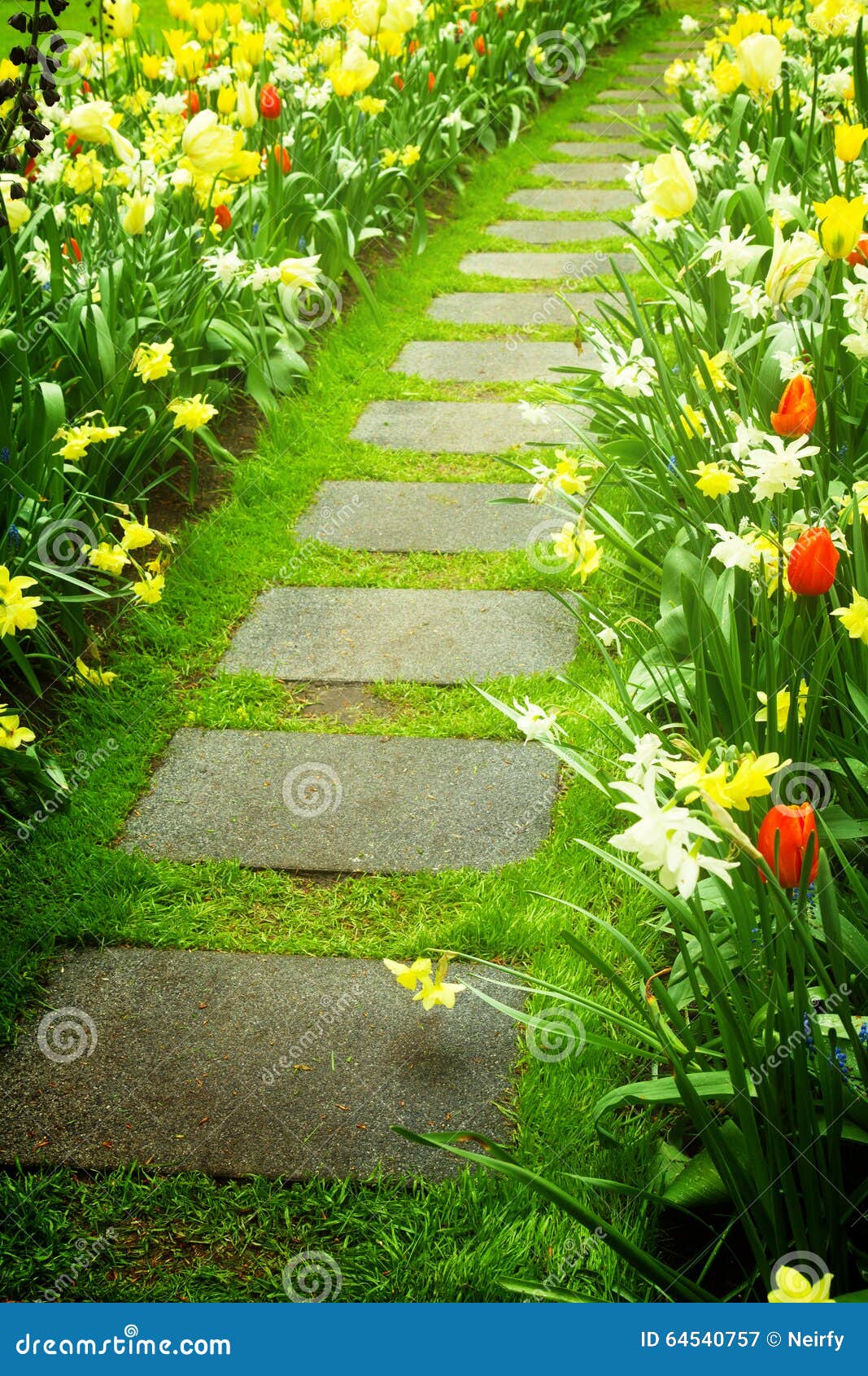 Stone Walk Way Winding in Garden Stock Image - Image of blooming ...