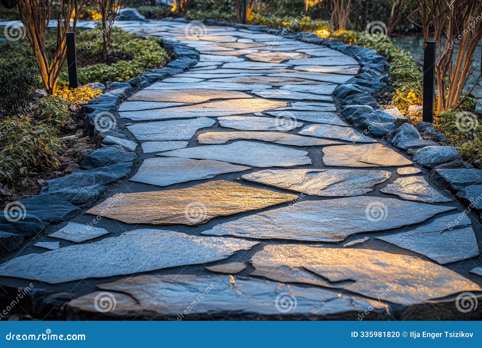 Walkway Landscape With Winding Stone Path, Paving Flagstone And Wooden ...