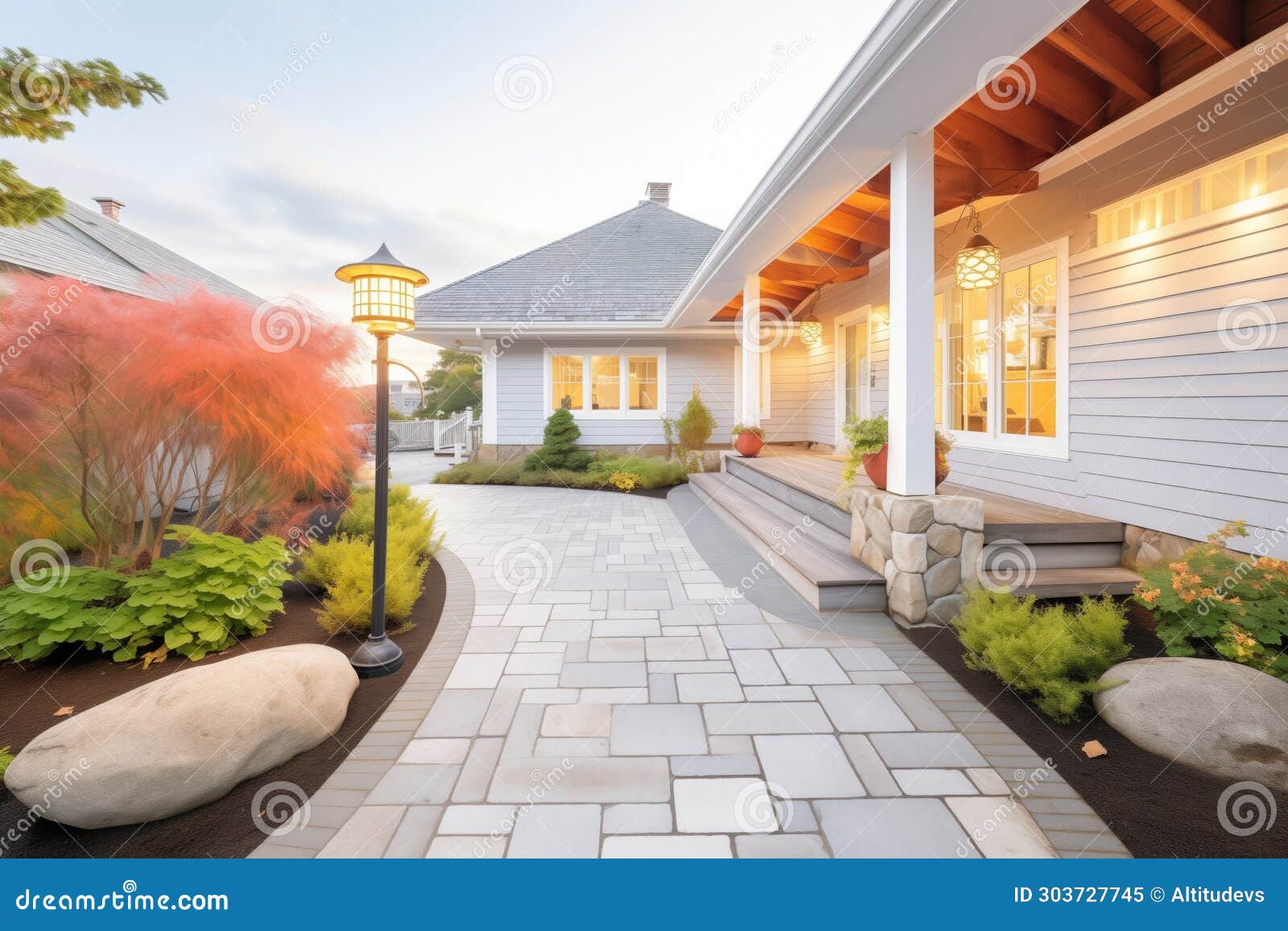 Stone Walkway Leading To Elegant Extended Cape Cod Entrance Stock Image ...