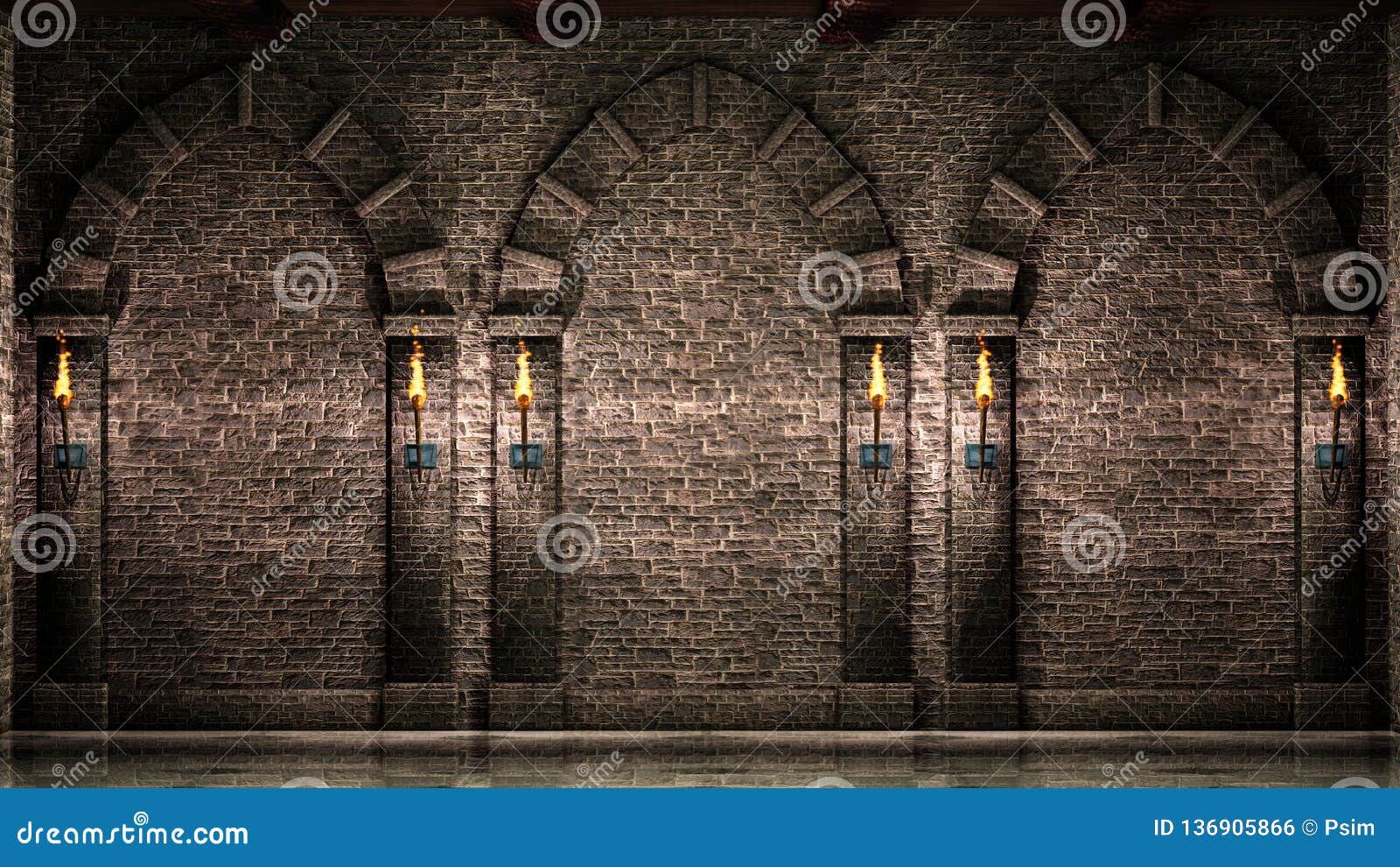 Stone Wall with Arches and Torches Stock Photo - Image of indoor, white ...