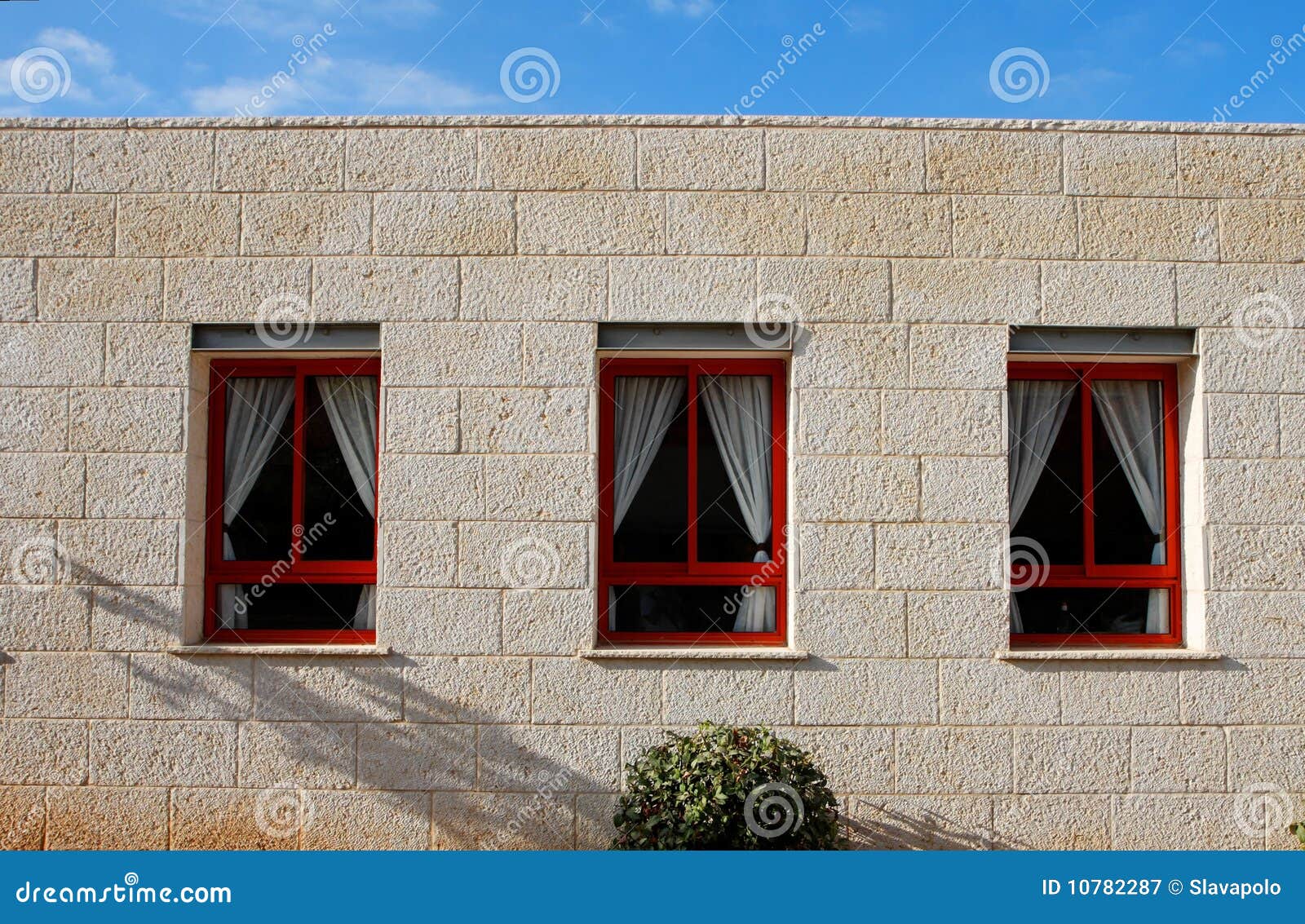 Stone Wall of the House with Three Windows Stock Image - Image of beige ...