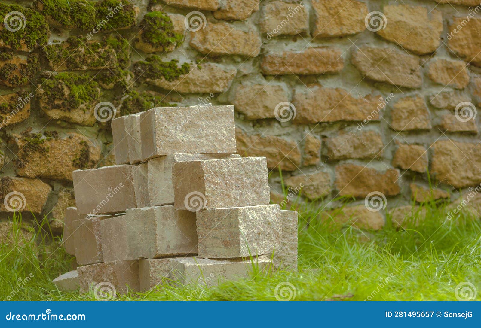 Stone Wall Overgrown with Moss. Concrete Blocks Stacked in Front of the ...