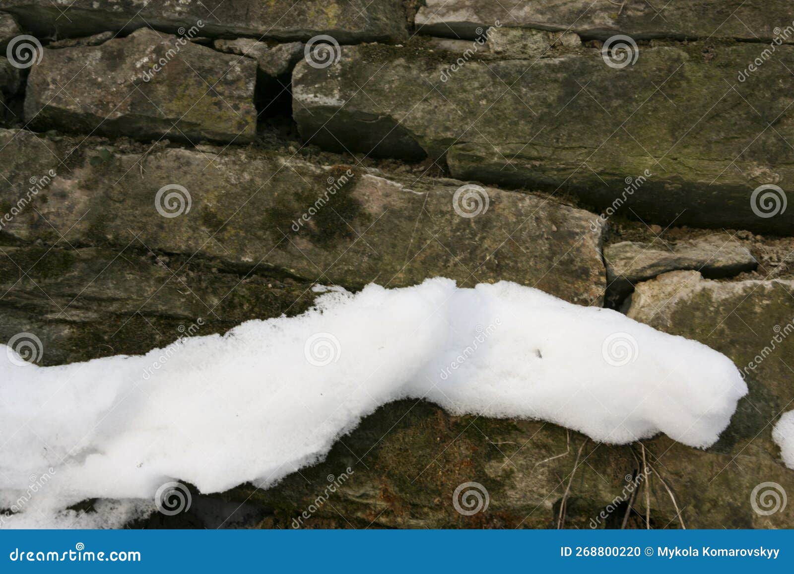 Stone wall with snow stock photo. Image of construction - 268800220