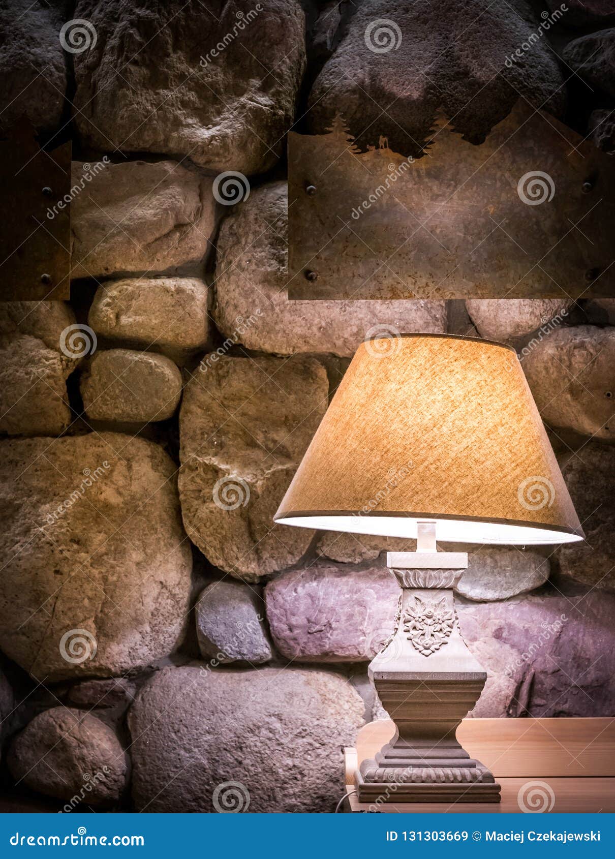 Stone Wall and Stylish Lamp Stock Image - Image of color, dark: 131303669