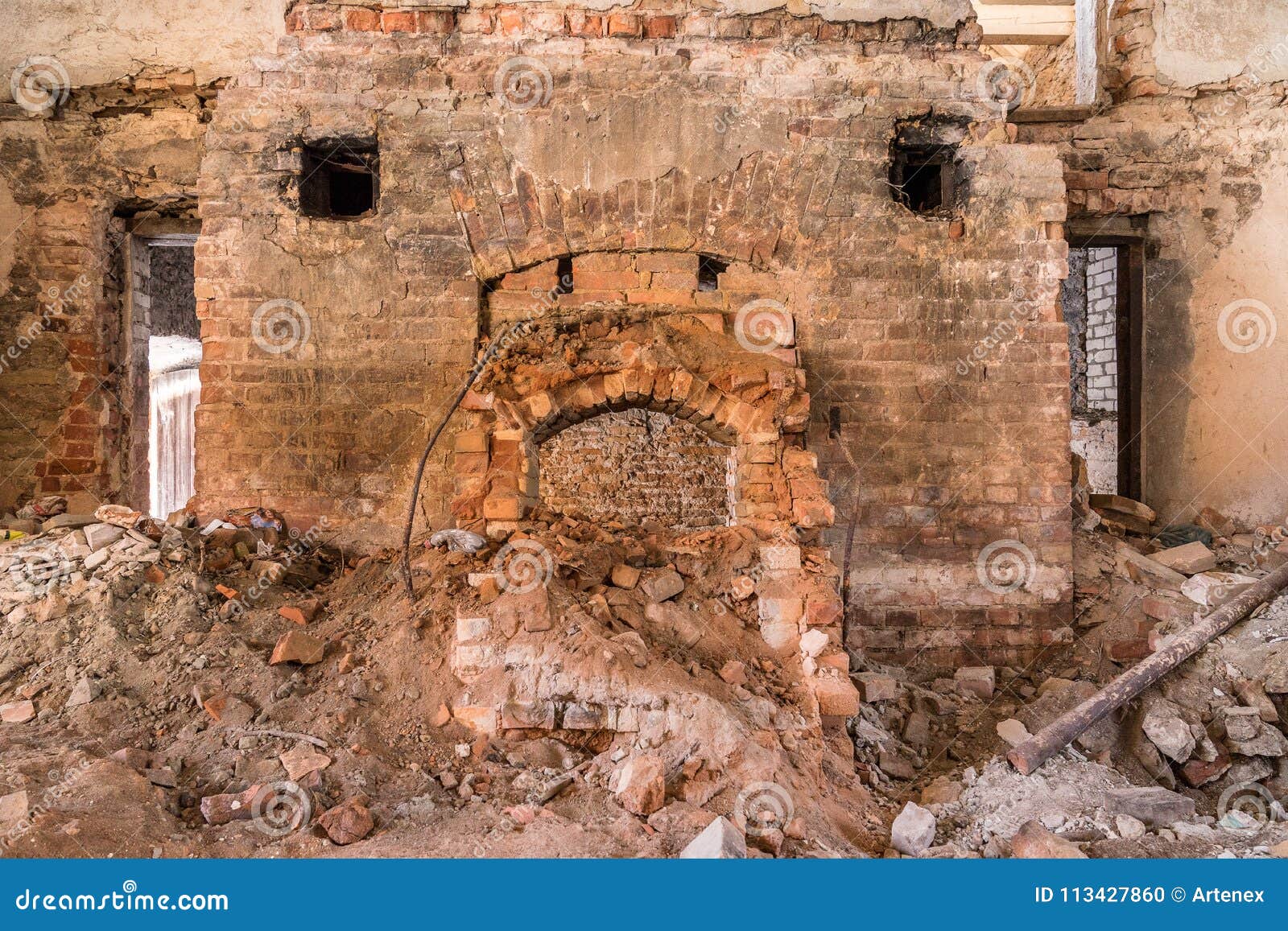 Stone Wall Texture and Broken Oven. Broken Brick Building Background ...