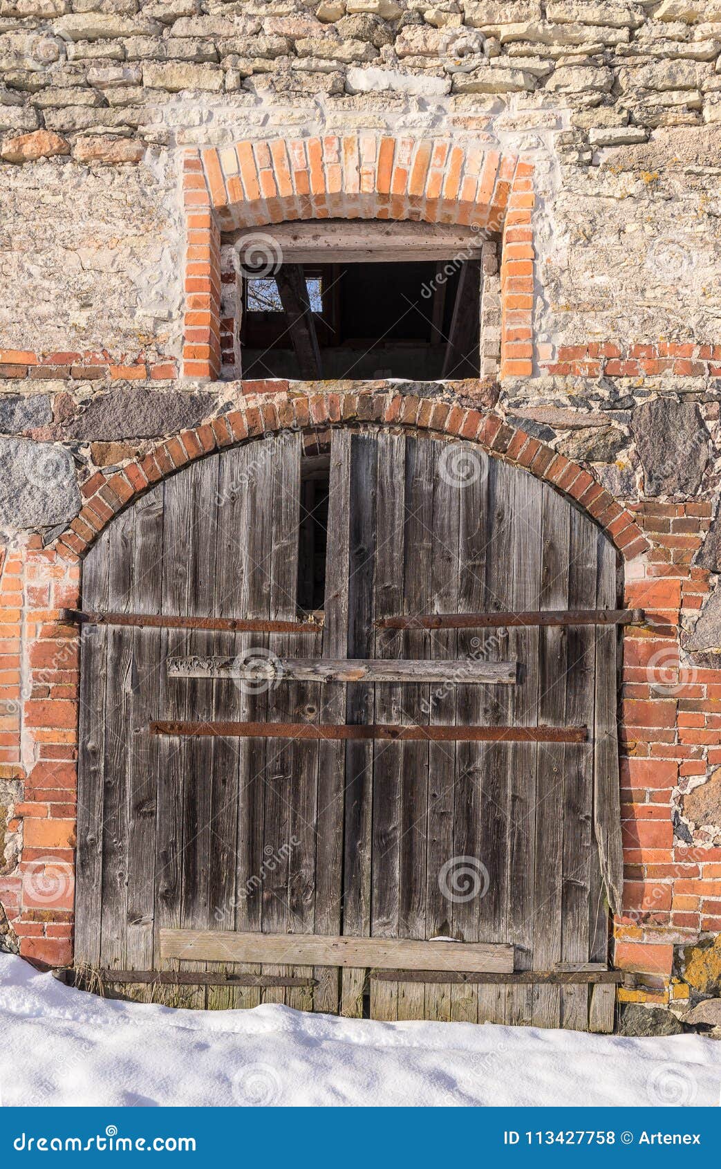 Stone Wall Texture and Windows with Red Frames, Natural Background ...