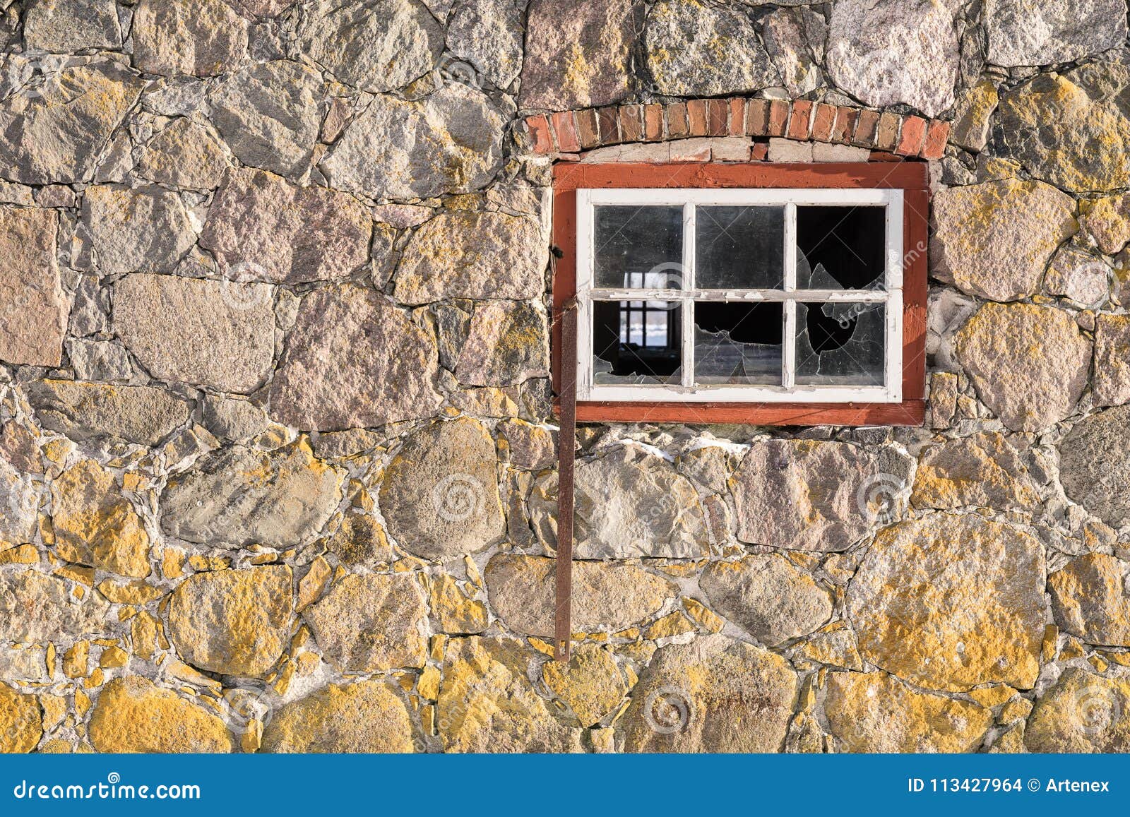 Stone Wall Texture and Windows with Red Frames, Natural Background ...