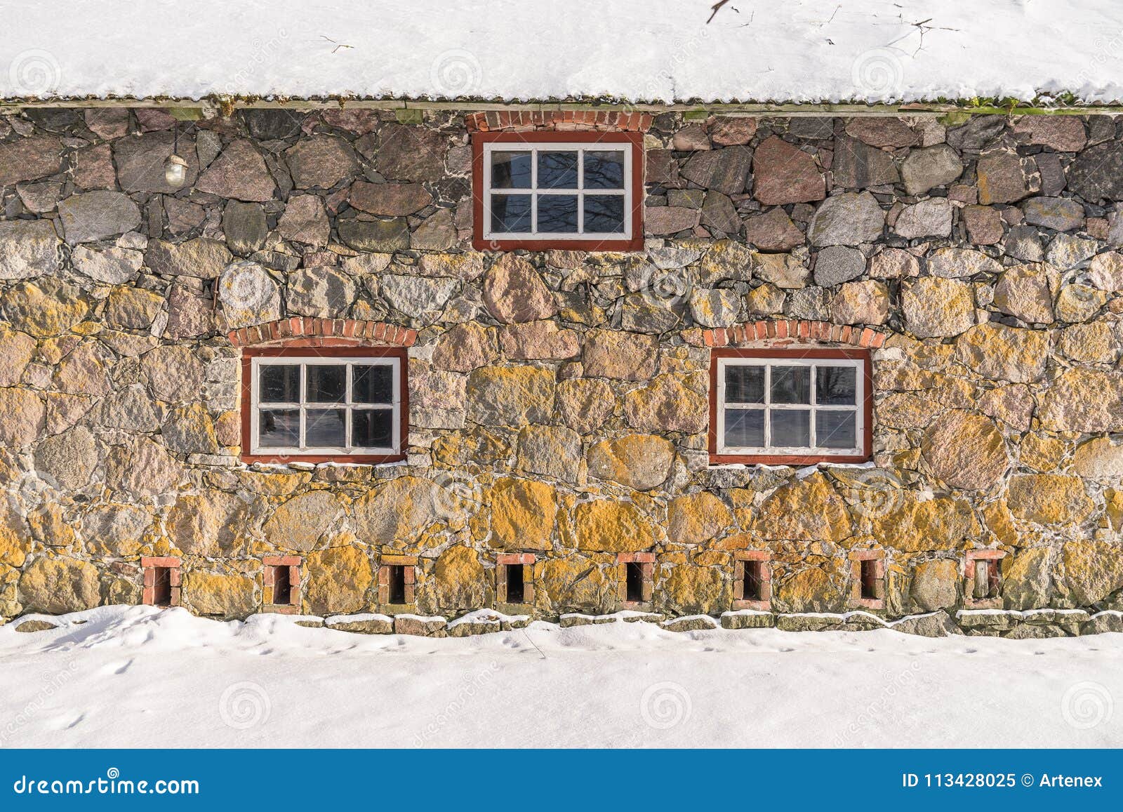 Stone Wall Texture and Windows with Red Frames, Natural Background ...