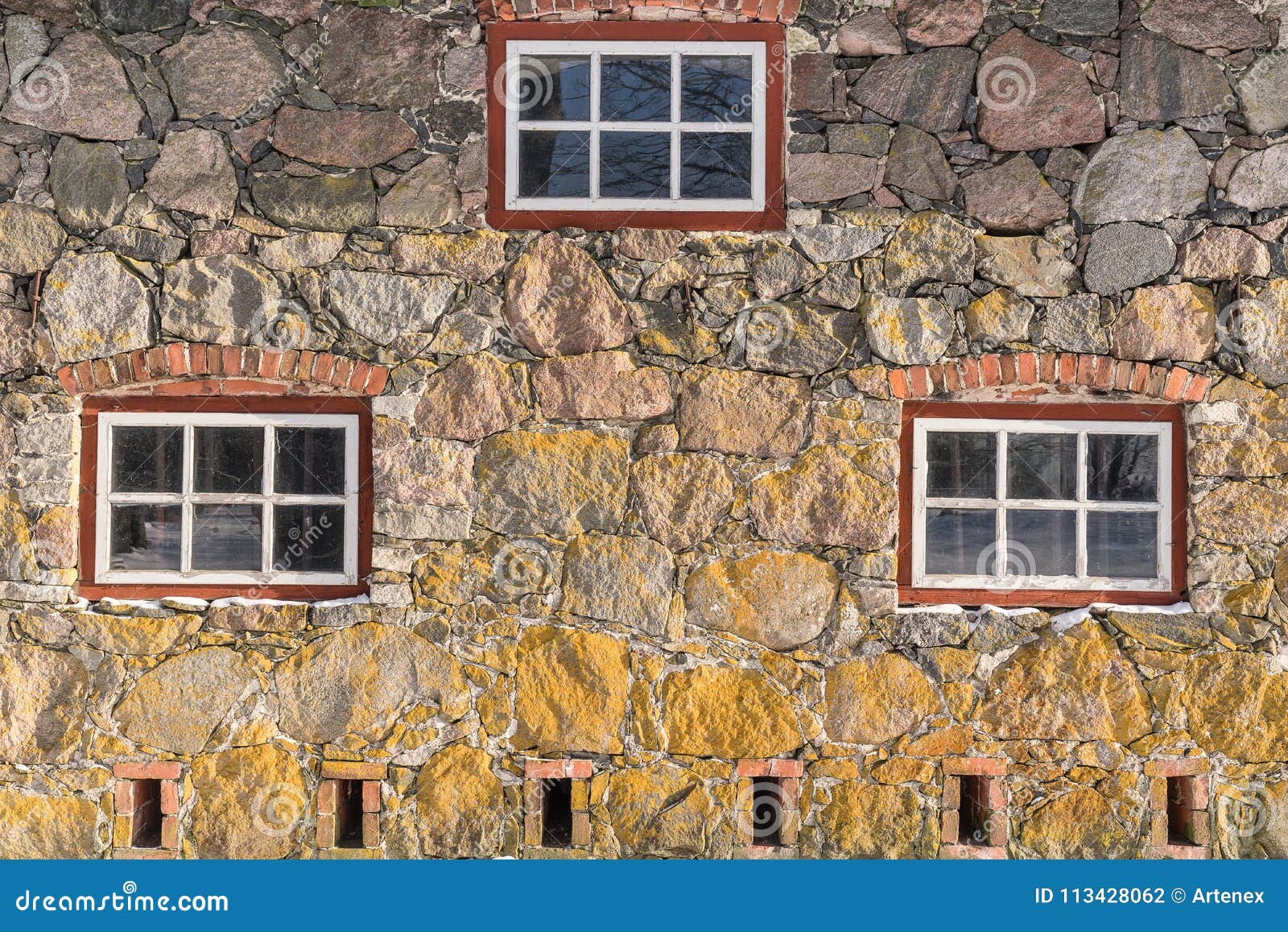 Stone Wall Texture and Windows with Red Frames, Natural Background ...