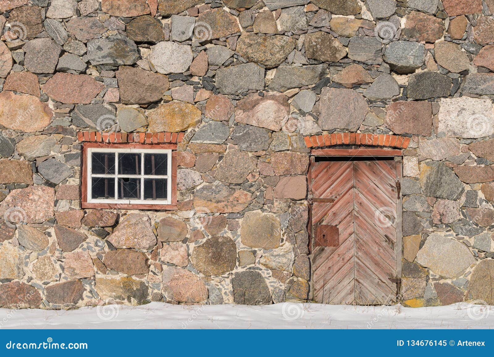 Stone Wall Texture and Windows with Red Frames, Natural Background ...