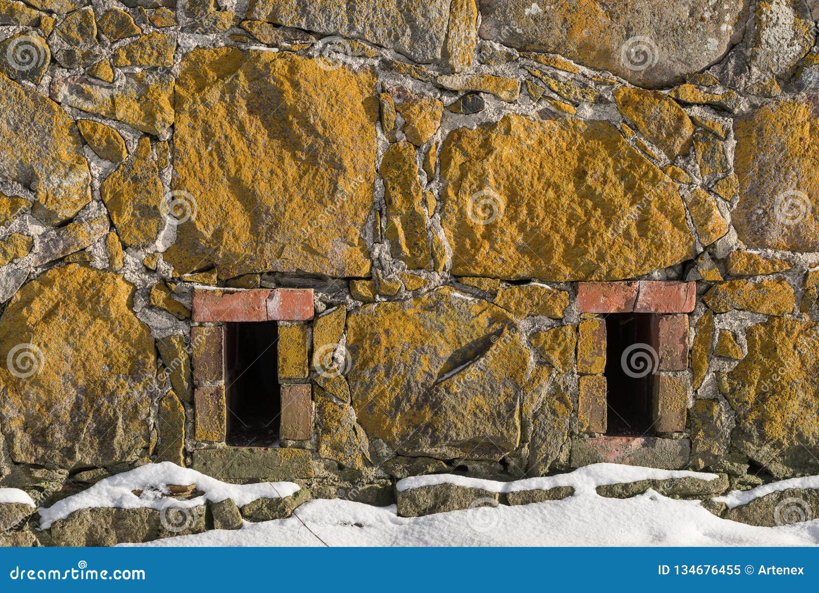 Stone Wall Texture and Windows with Red Frames, Natural Background ...