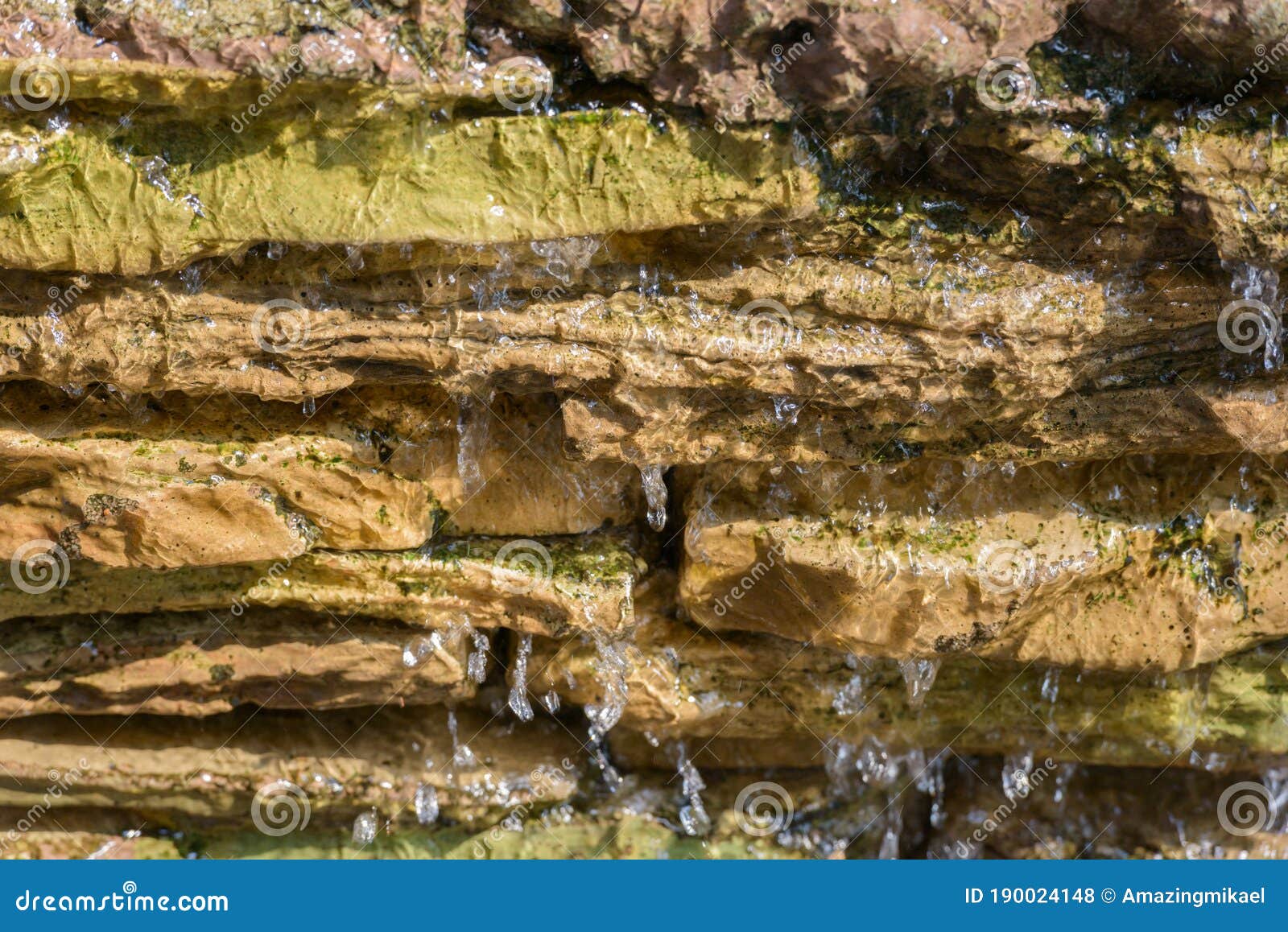 Stone Wall Water Dripping Down As Miniature Waterfall Stock Photo ...