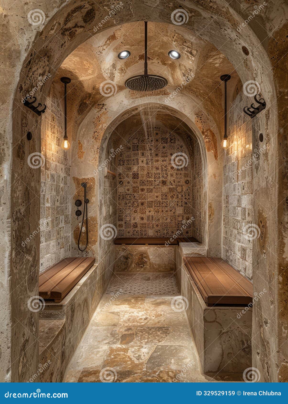 Stone-walled Shower Area with Arched Architecture Design Stock ...
