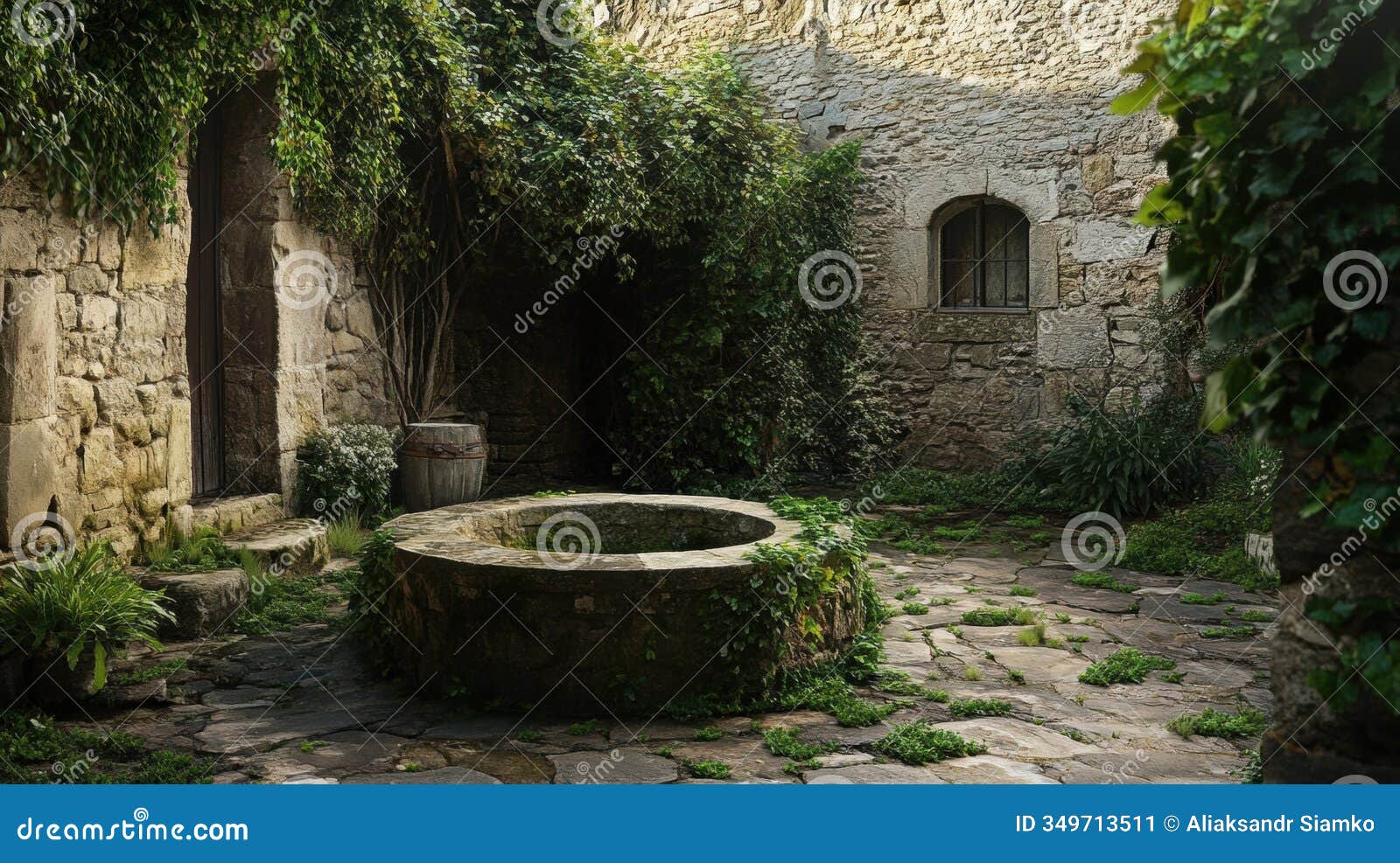 Stone Well in a Castle Courtyard with Ivy Trailing Over the Edges Stock ...