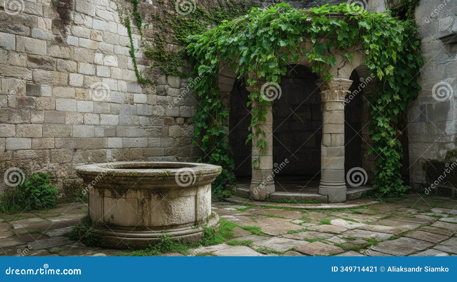 Stone Well in a Castle Courtyard with Ivy Trailing Over the Edges Stock ...