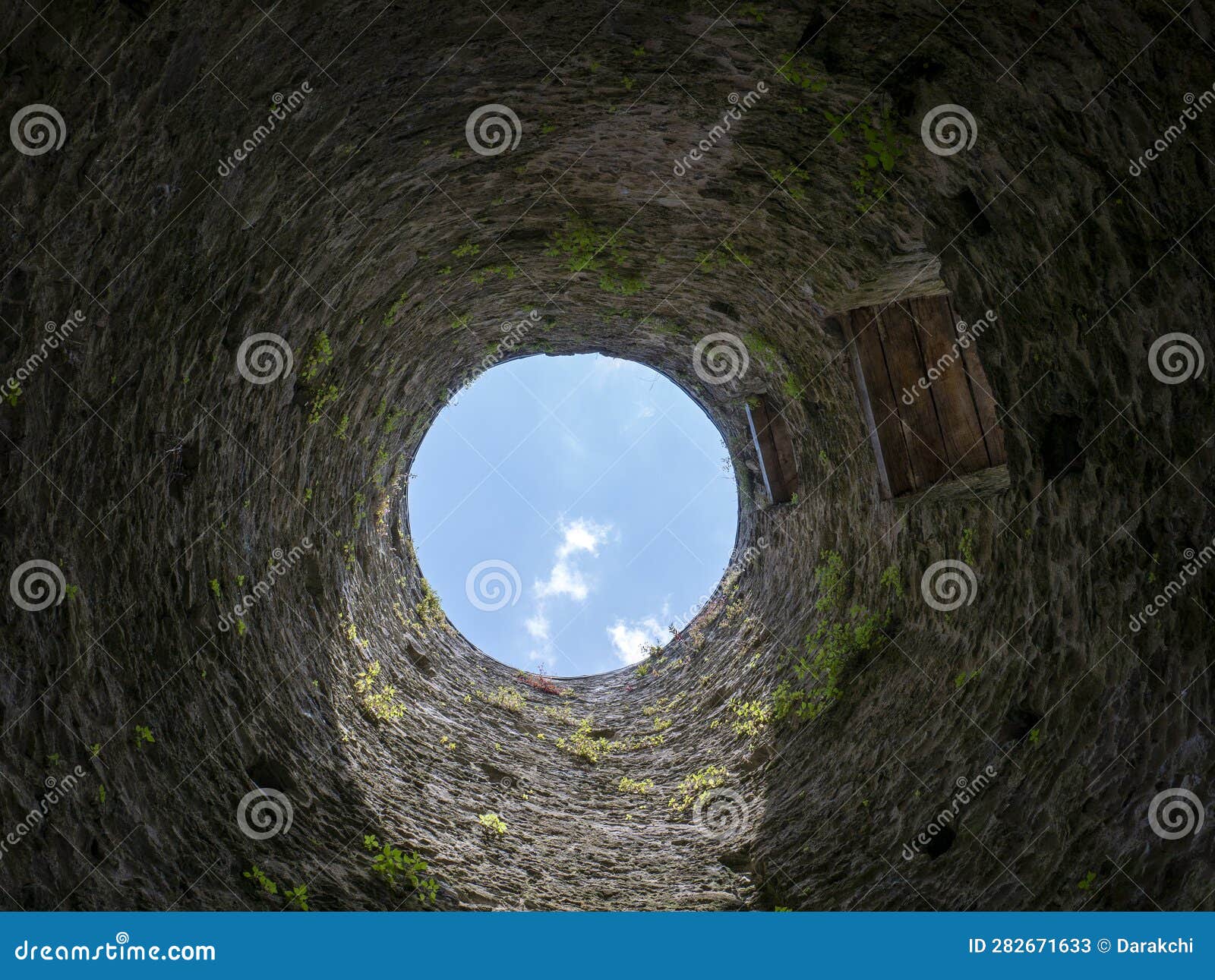Stone Well Hole, Old Construction from Inside, Brick Walls and Blue Sky ...