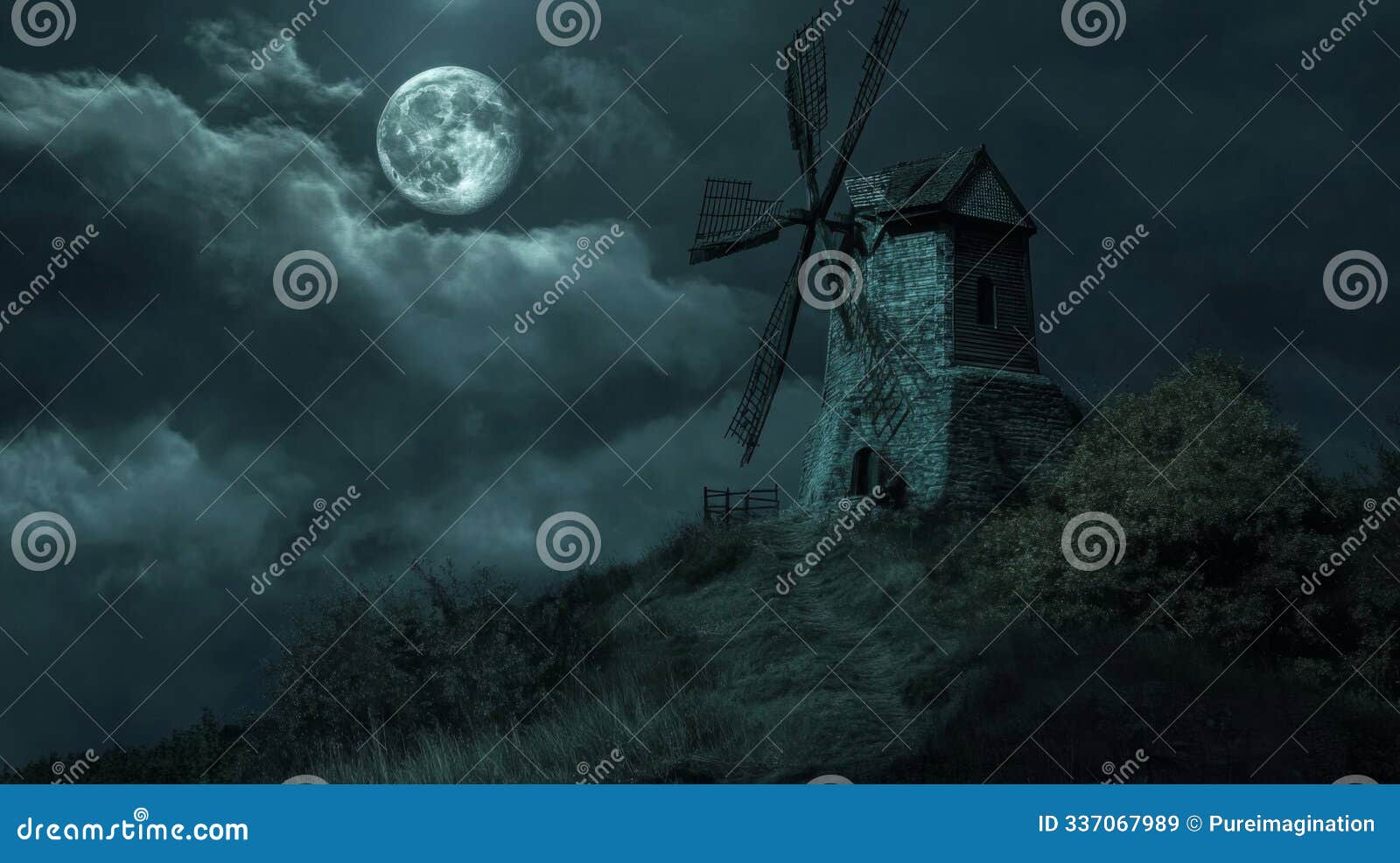 A Stone Windmill Under a Full Moon Stock Illustration - Illustration of ...