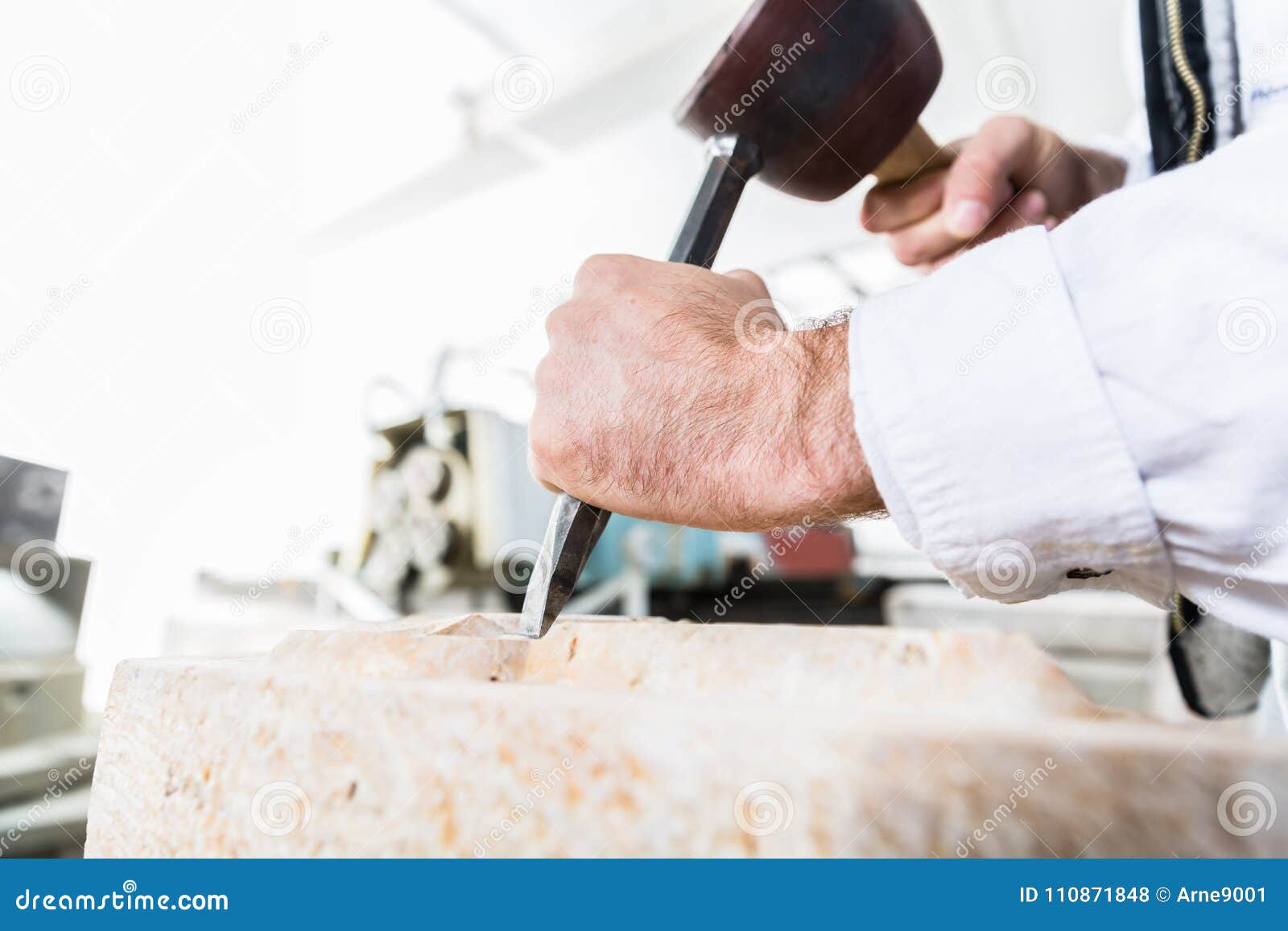 Stonemason Cutting Boulder with Hammer and Chisel Stock Photo - Image ...