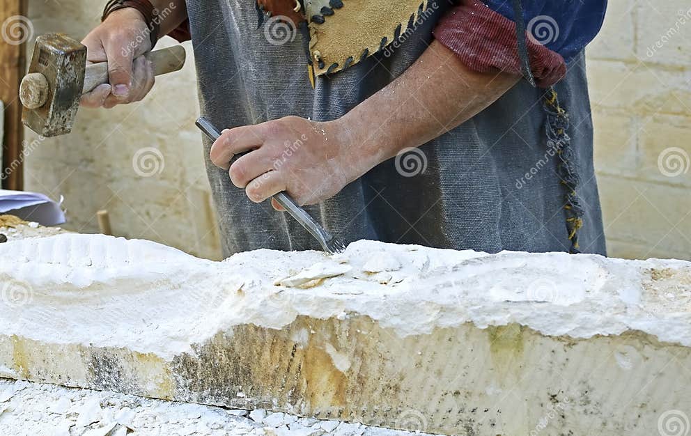 Stonemason Working with Hammer and Chisel. Stock Image - Image of hand ...
