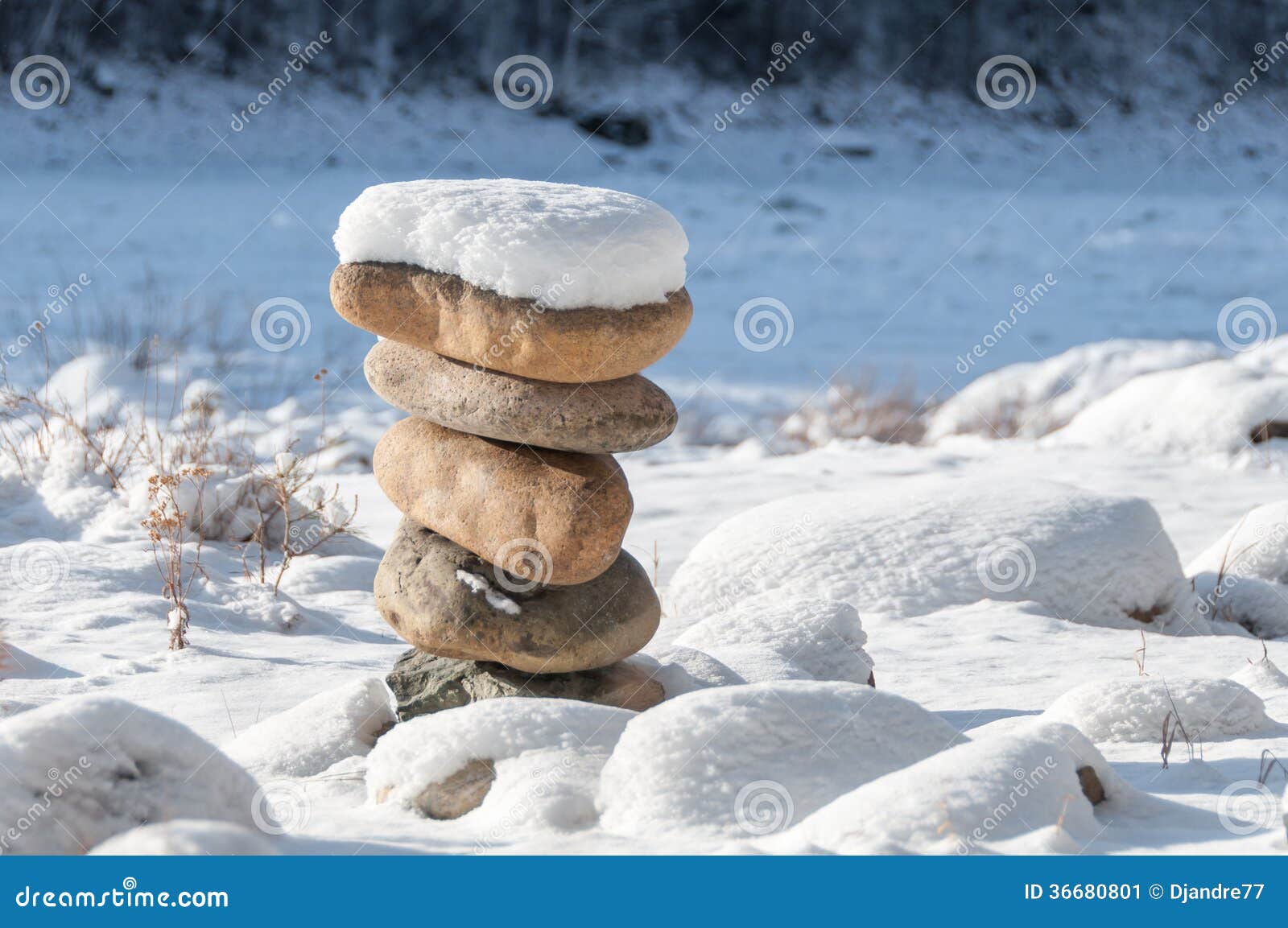 Stones in Balance on the Winter Coast Under Snow Stock Image - Image of ...