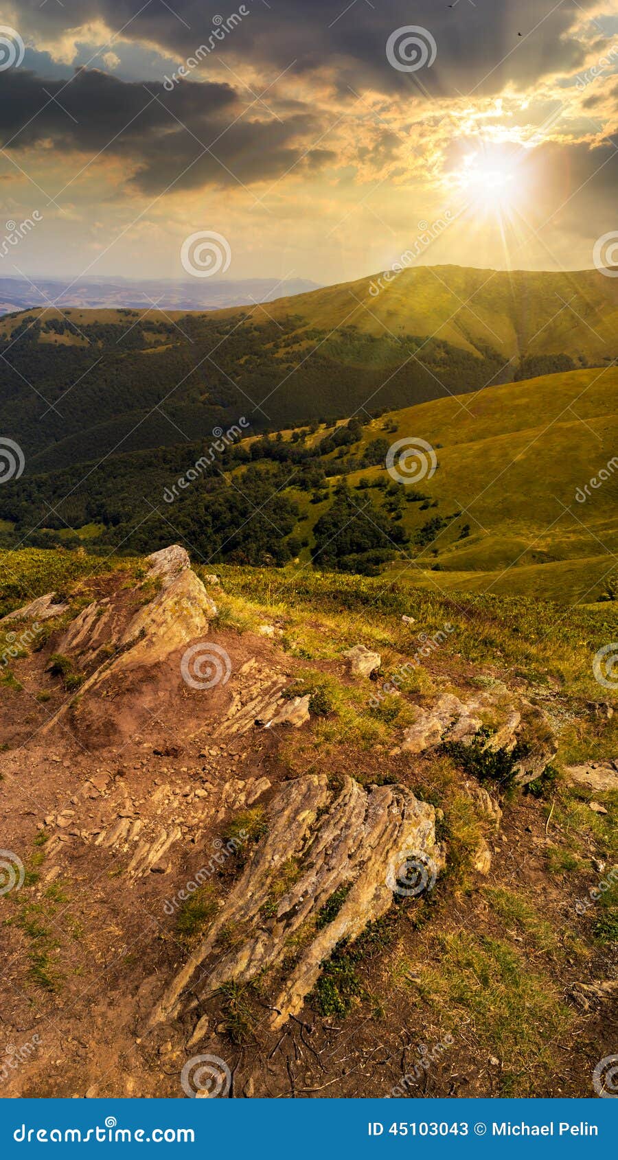Stones on the Hillside at Sunset Stock Image - Image of flare ...