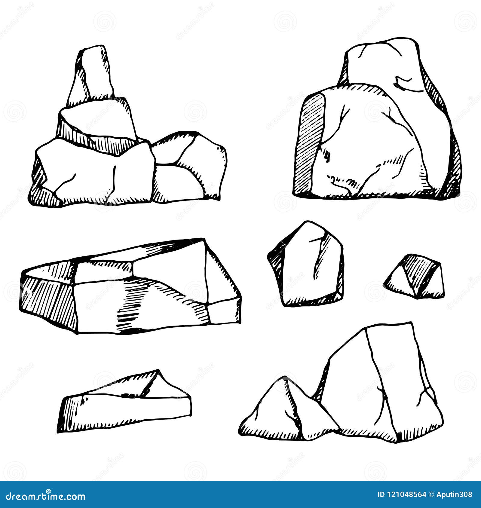 Stones Large Cobblestone Drawing. Isolated on White Background Stock ...