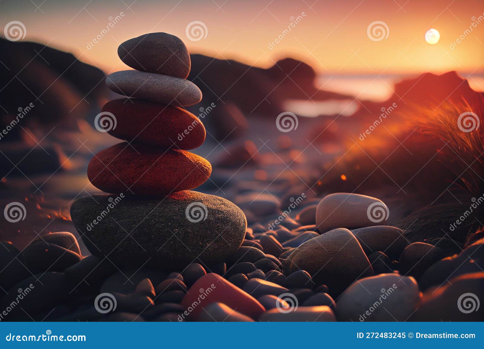 Stones on a Pebble Beach at Sunset.generative Ai Stock Illustration ...